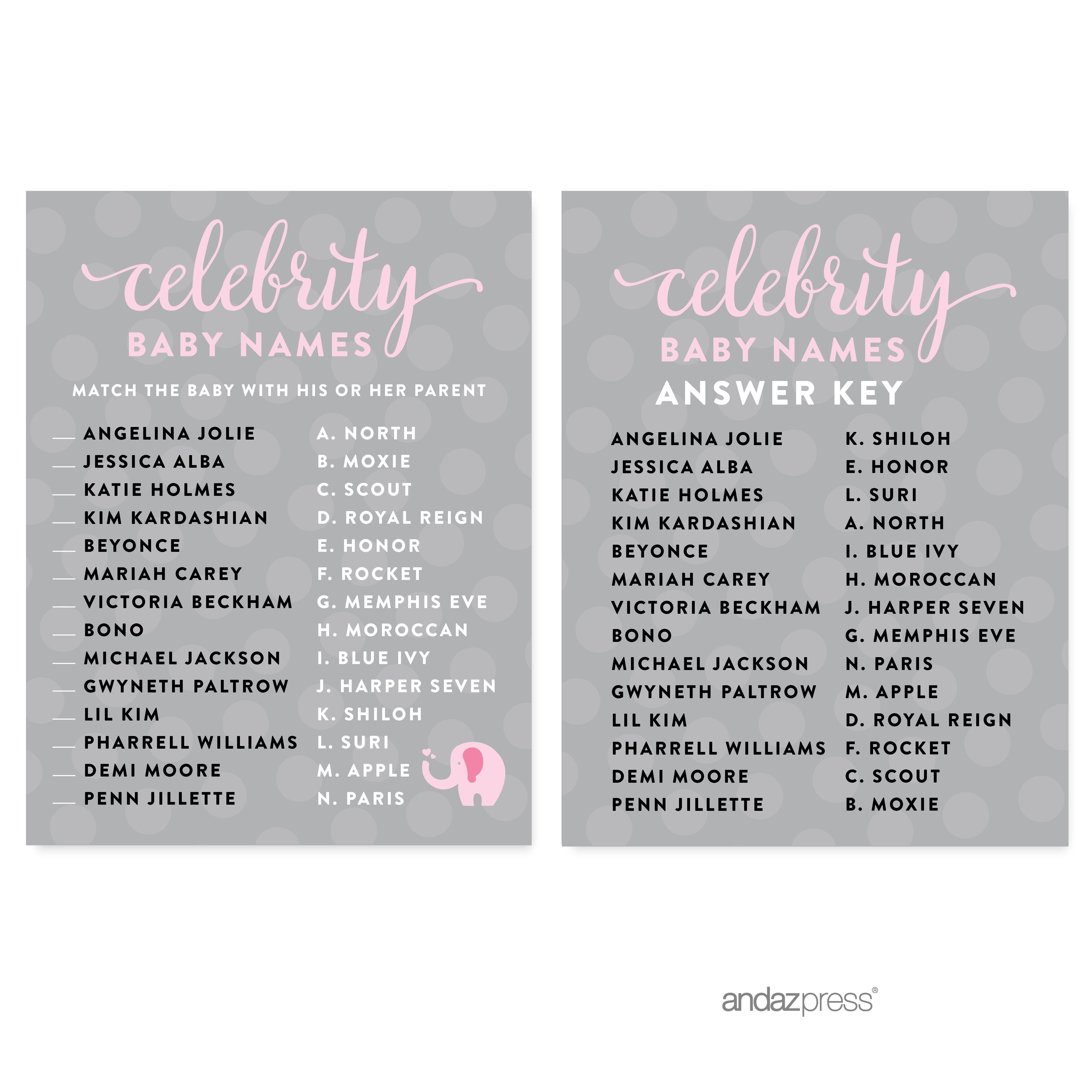 Celebrity Name Game Bubblegum Pink Girl Elephant Baby Shower Games, 20 ...