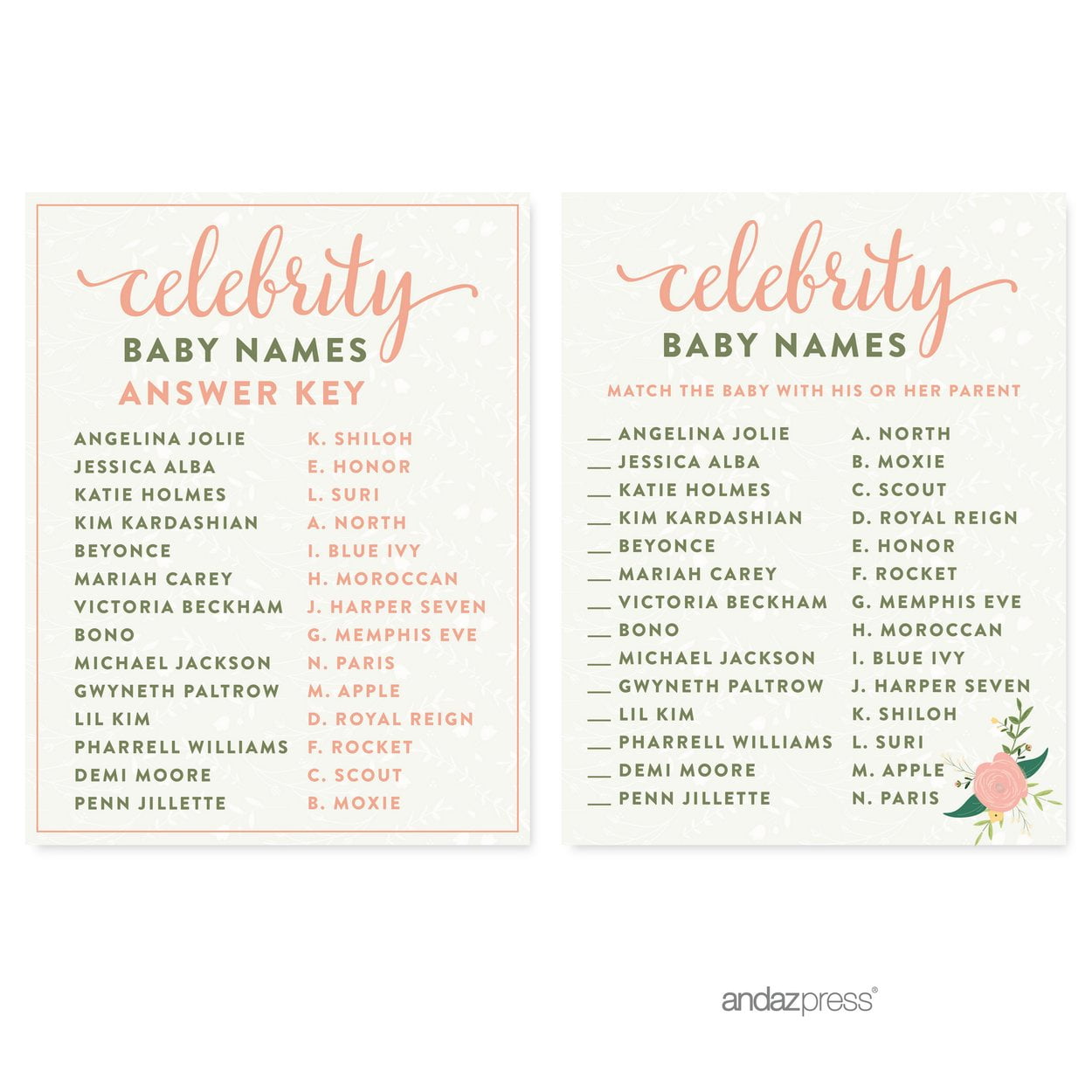 Celebrity Name Game Floral Roses Girl Baby Shower Game, 20-Pack ...