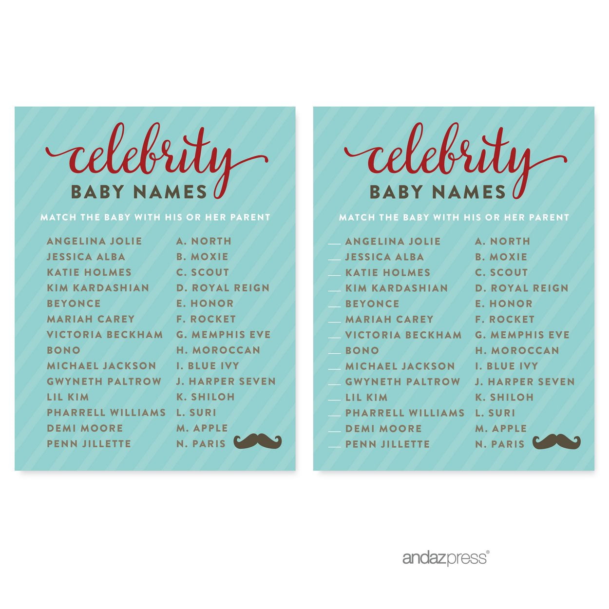 Celebrity Name Game Lil Man Mustache Boy Baby Shower Games, 20-Pack ...