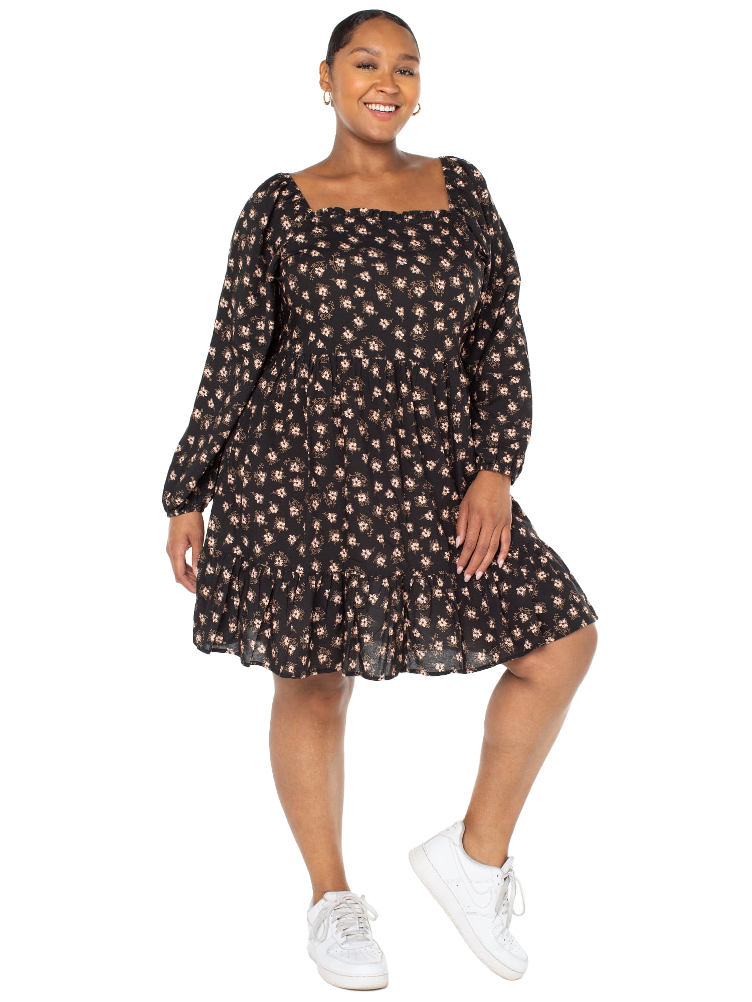 Celebrity Pink Plus Long Sleeve Smocked Tiered Dress - Walmart.com