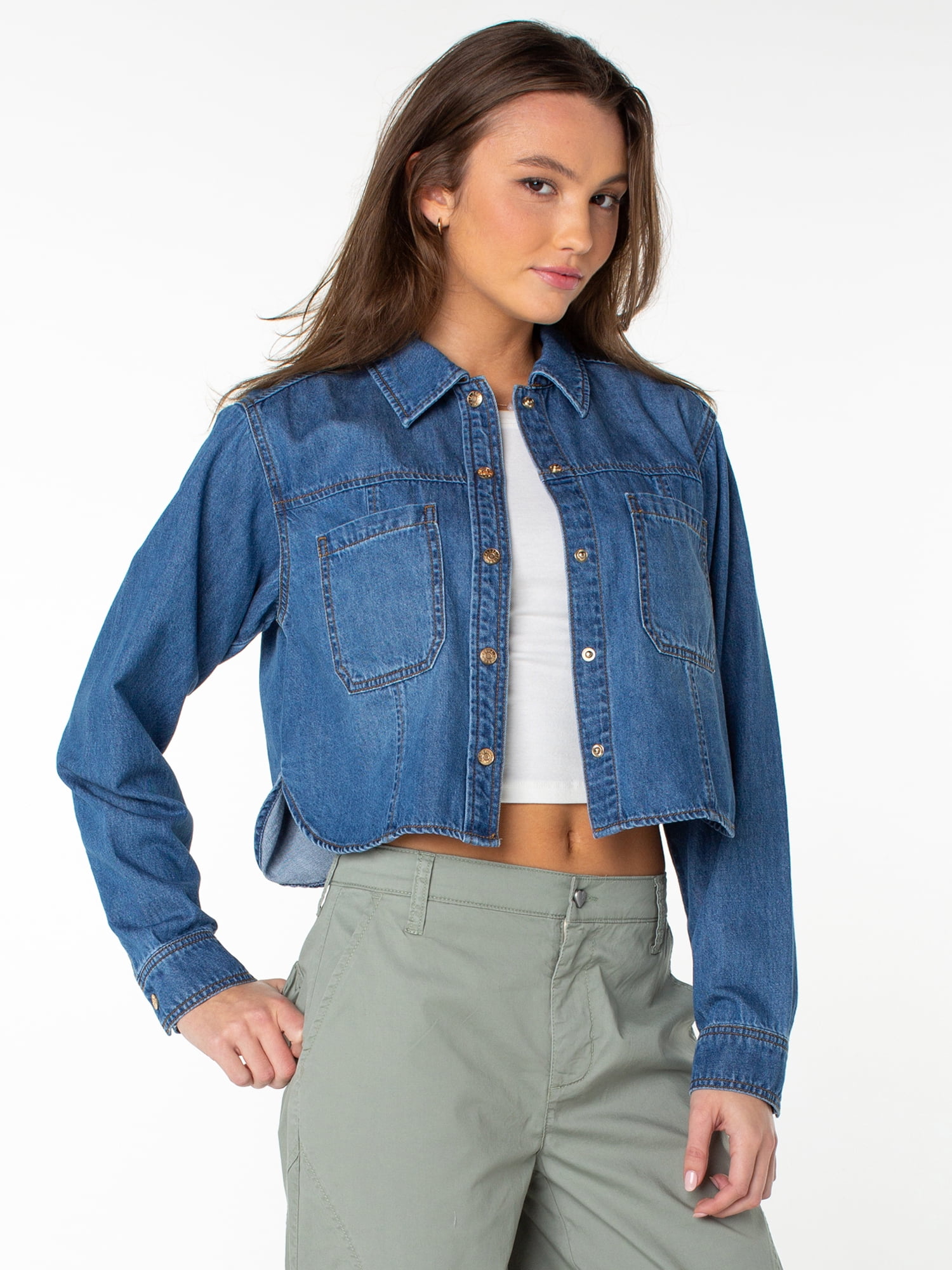 Celebrity Pink Women's and Women's Plus Hi Low Button Down Denim Top ...