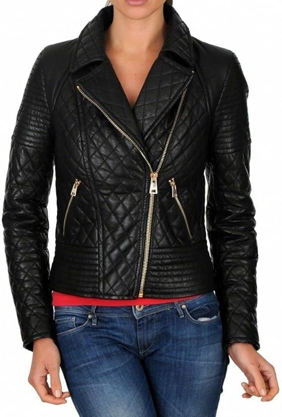Celebrity Women's Black Quilted Lambskin Leather Jacket Motorcycle Slim ...