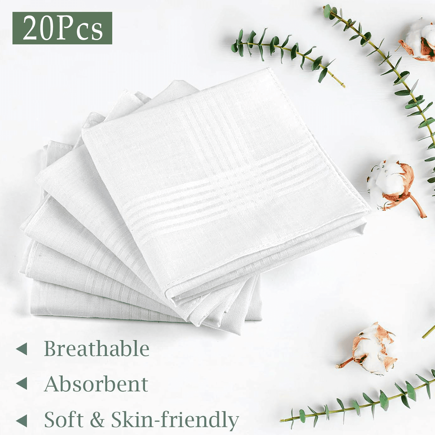 Celectigo Handkerchiefs for Men, 20-Piece White Cotton Pocket Squares ...