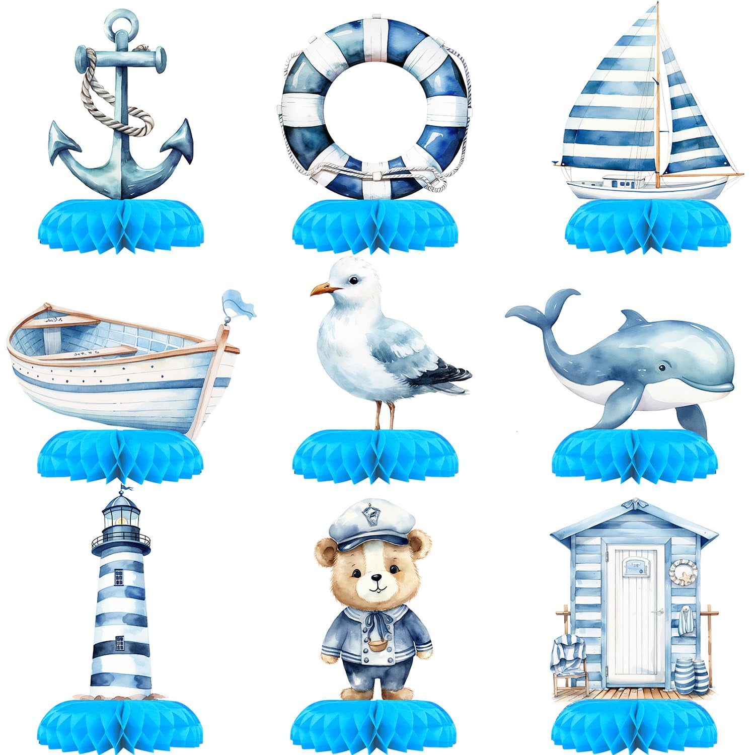 Celee 9 Pack Nautical Party Honeycomb Centerpieces for Kids' Nautical ...