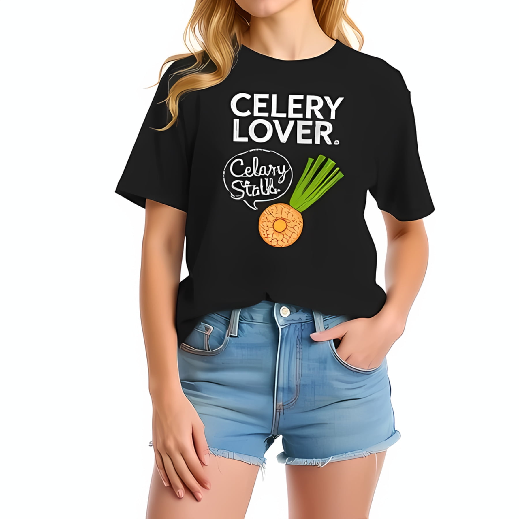 Celery Lover Graphic Tee - Black Cotton T-Shirt with Whimsical Celery Root Design and Speech ...