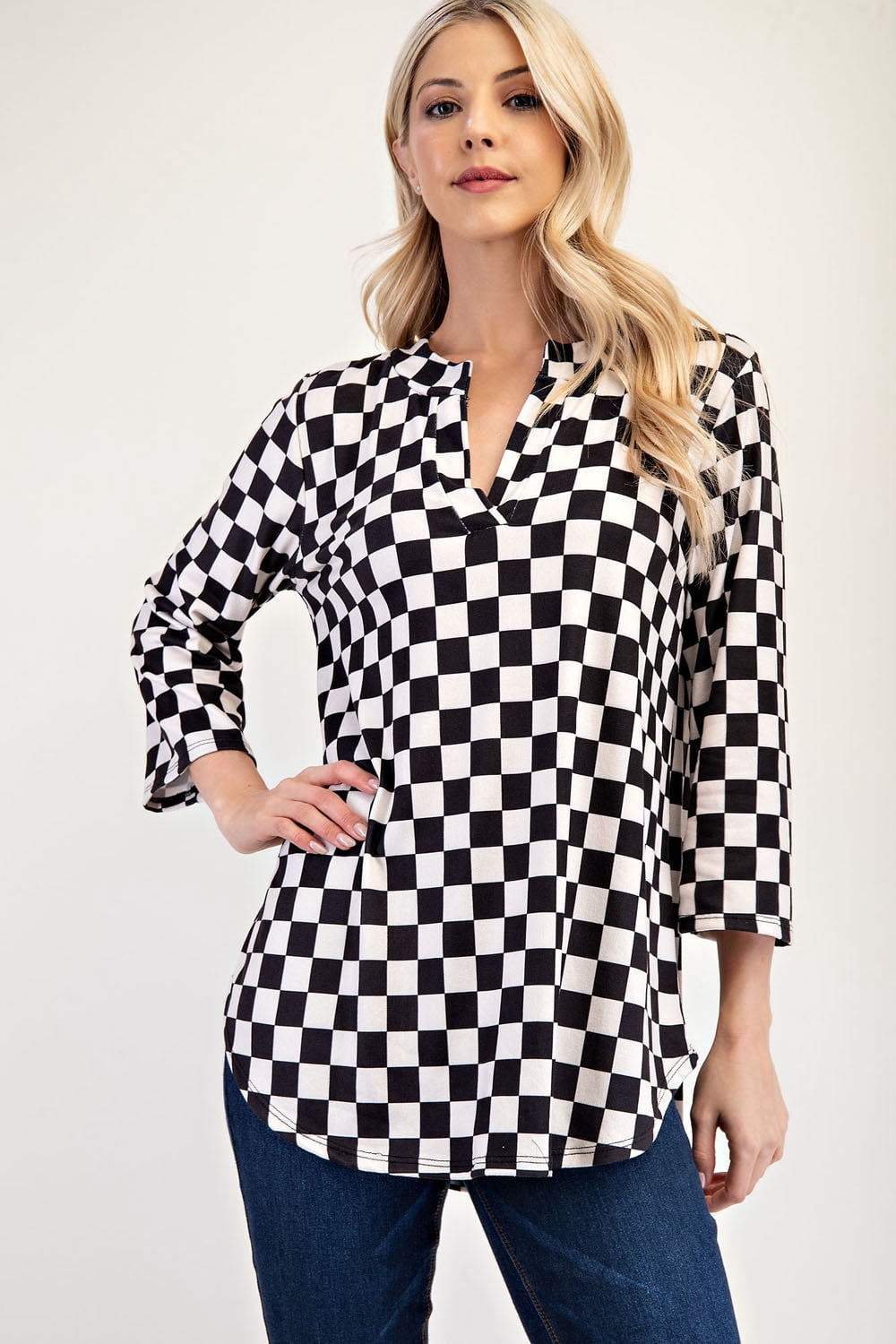Celeste Full Size Curved Hem Checkered Notched Blouse - Walmart.com