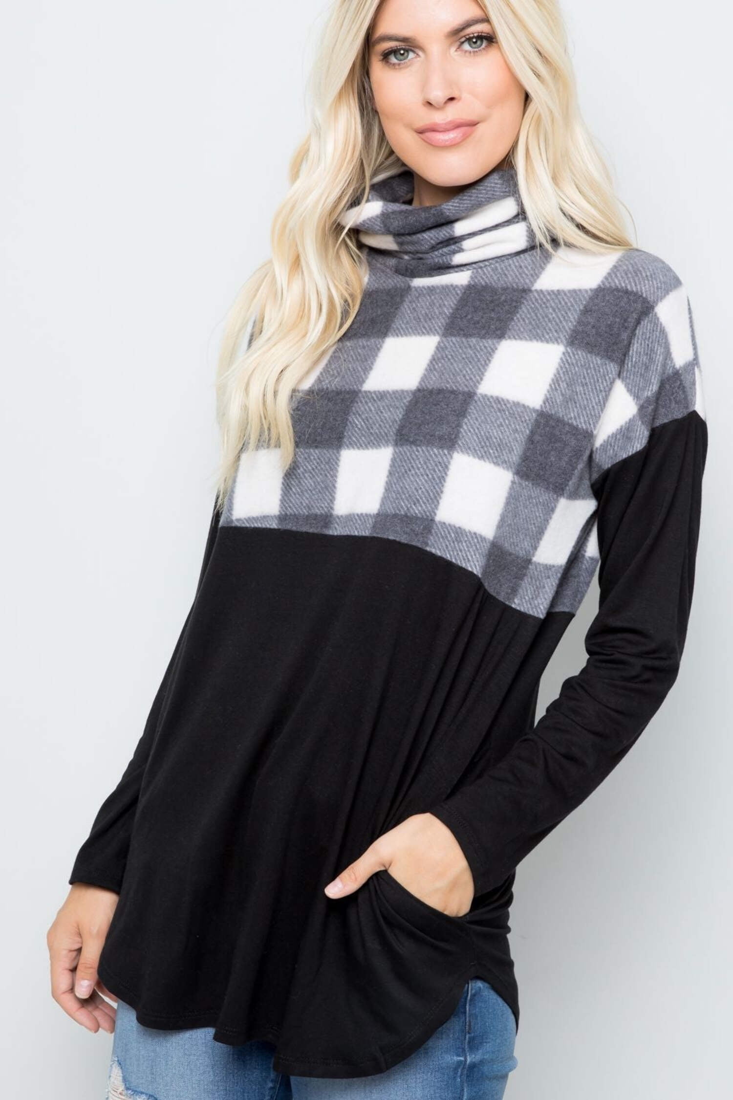 Celeste Full Szie Pocketed Plaid Turtleneck Long Sleeve Blouse ...