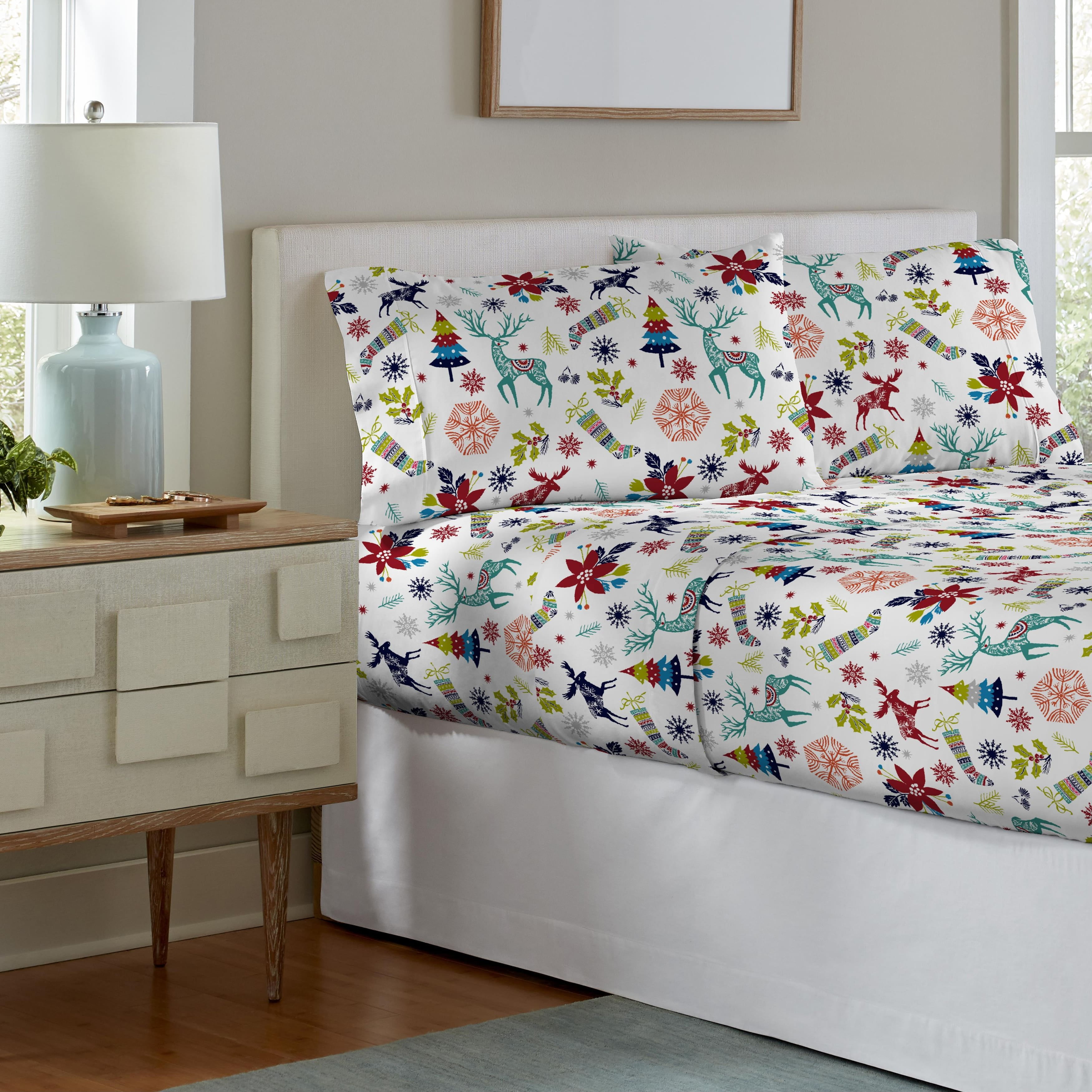 Celeste Home 190 GSM Cotton Flannel Velvet Feel Bed Sheet Set Holiday Joy Queen Flannel ...