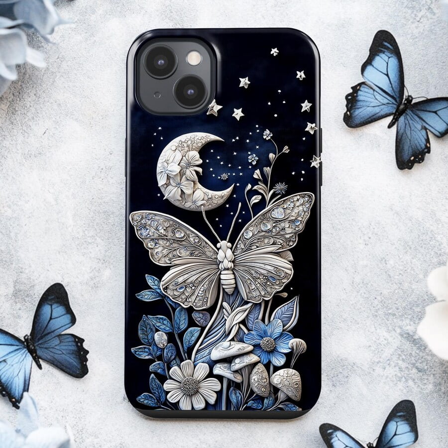 Celestial 3D Silver Butterfly and Moon Night Sky Phone Case 11 12 13 14 ...