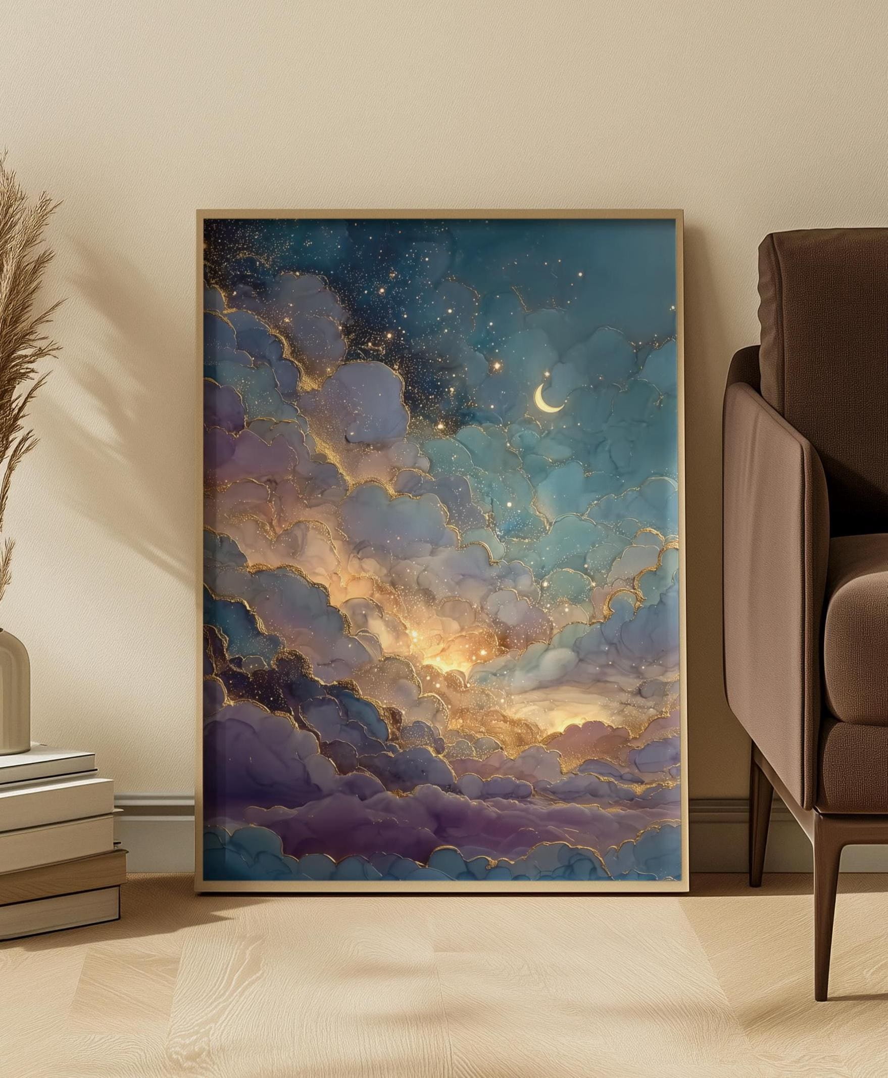 Celestial Alcohol Ink Cloudscape Art Print Blue Gold Luminous Night Sky ...