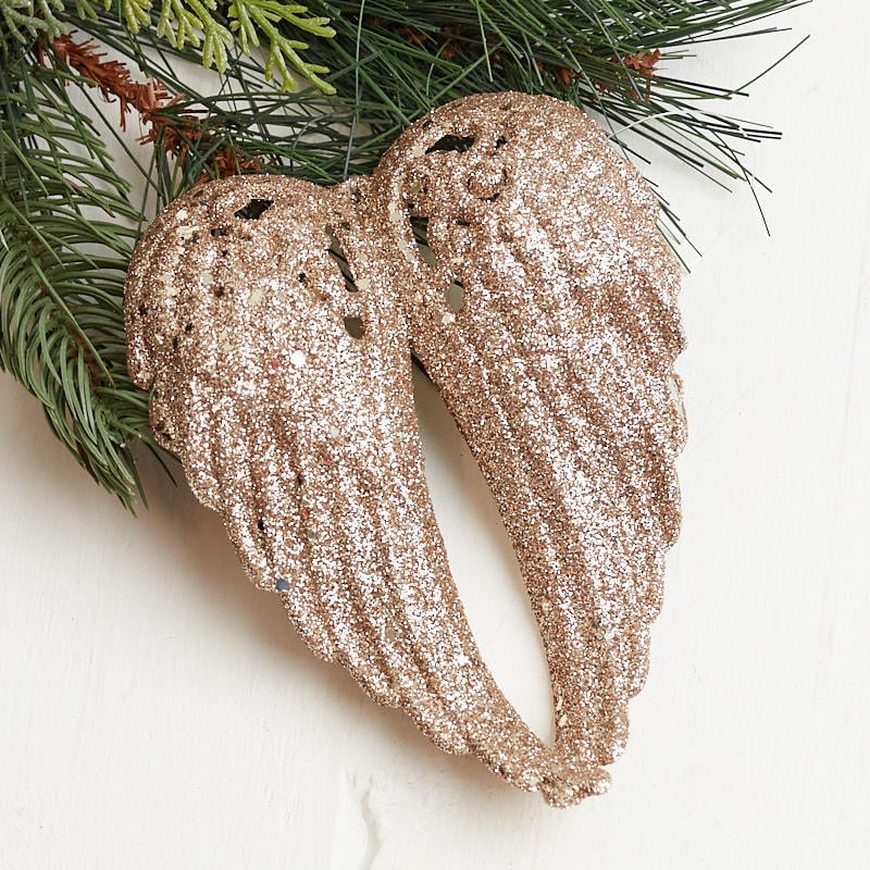 Celestial Angel Wing Ornaments - Set of 6 Champagne Glitter Ornaments ...