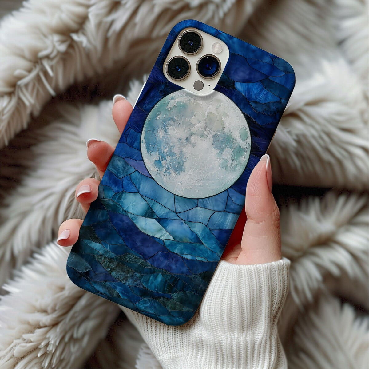 Celestial Artful Trendy Dark Azure Stained Glass Full Moon Case with iPhone 17 to 11 Pro Max ...