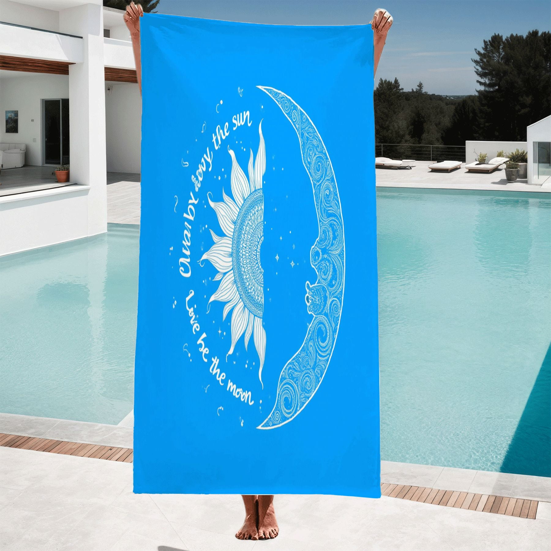 Celestial Beach Towel - Vibrant Blue with Intricate Sun & Swirling Moon ...
