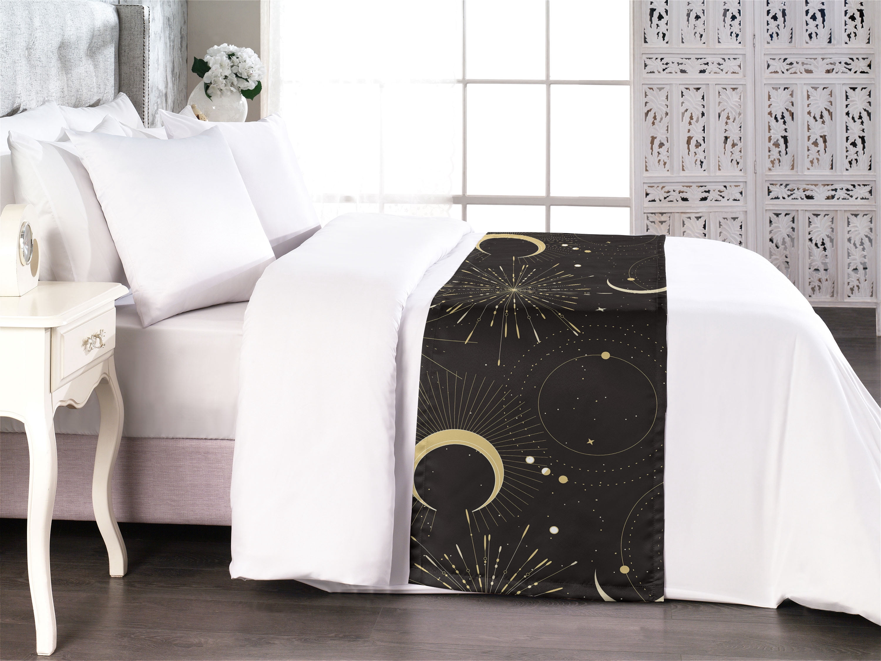 Celestial Bed Runner, Outer Space Inspired Moon and Orbit Pattern with ...
