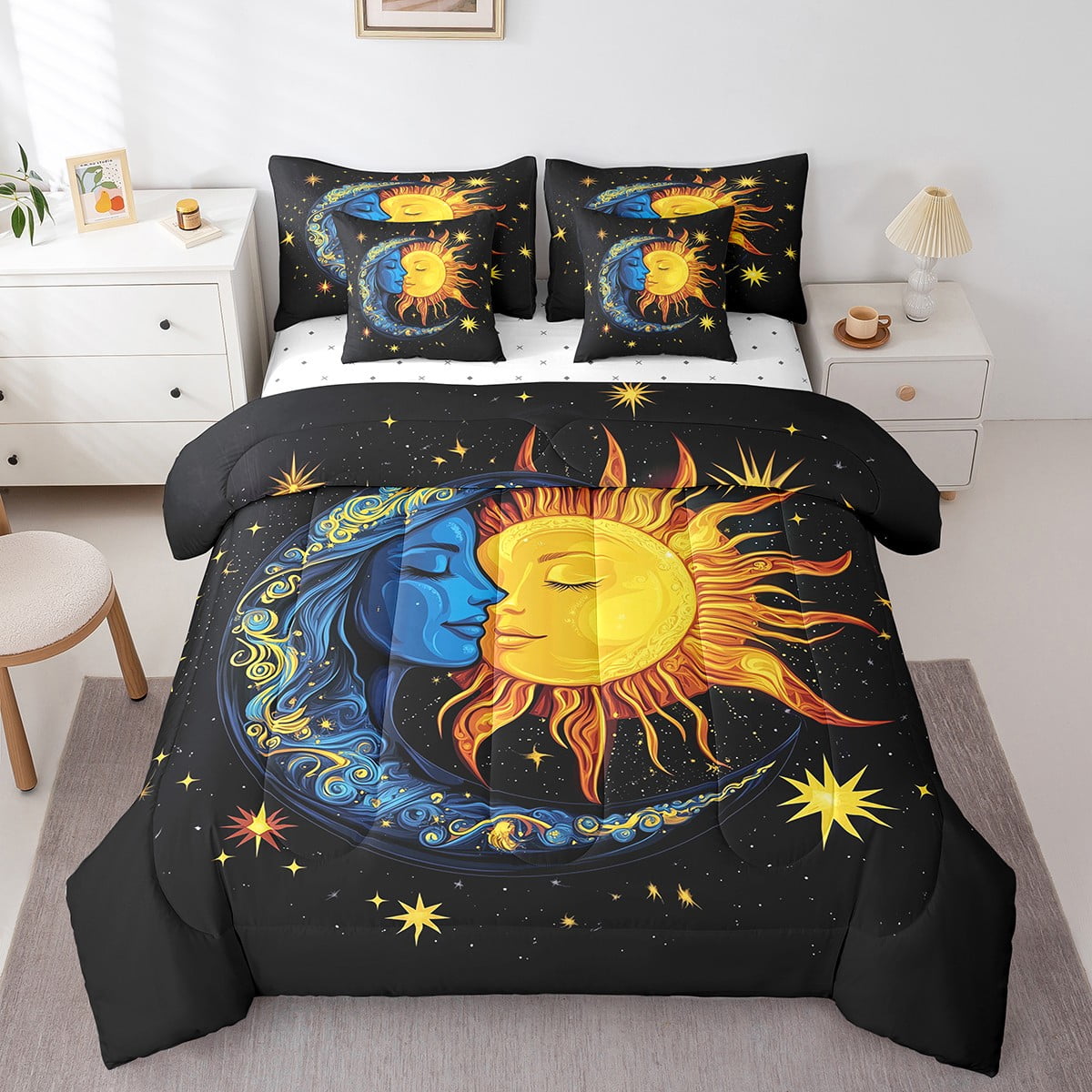 Celestial Bedding Set Sun And Moon Boho Queen Comforter Set 7 Piece ...