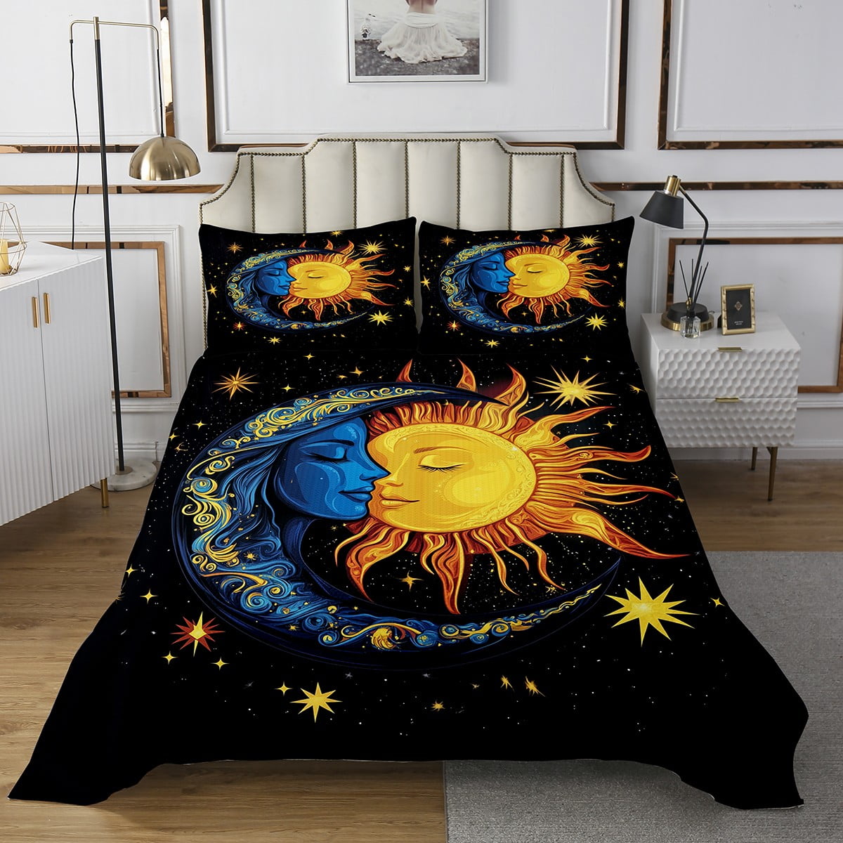 Celestial Bedspread Set Sun And Moon Boho Quilt Set Teens Room Decor ...