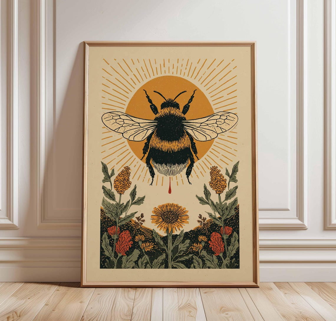 Celestial Bee Art Vintage Botanical Poster Cottagecore Nature Decor ...
