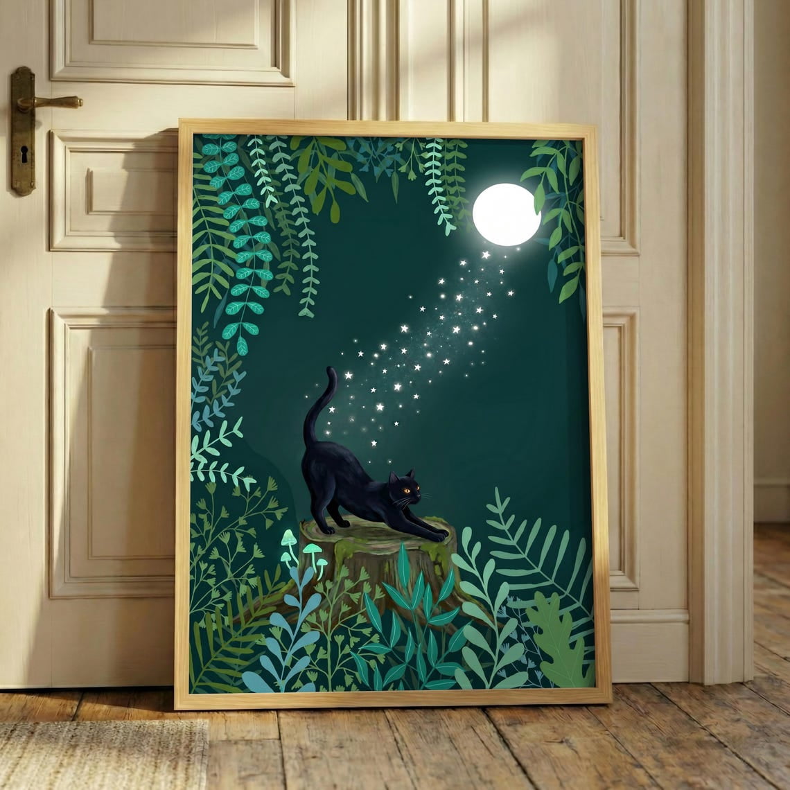 Celestial Black Cat Magical Forest Moon and Stars Witchy Botanical ...