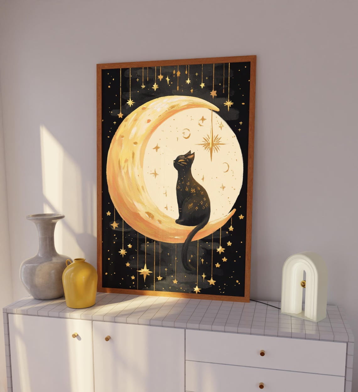 Celestial Black Cat Wall Art, Mystical Cat Print Gold Starry Night Sky ...
