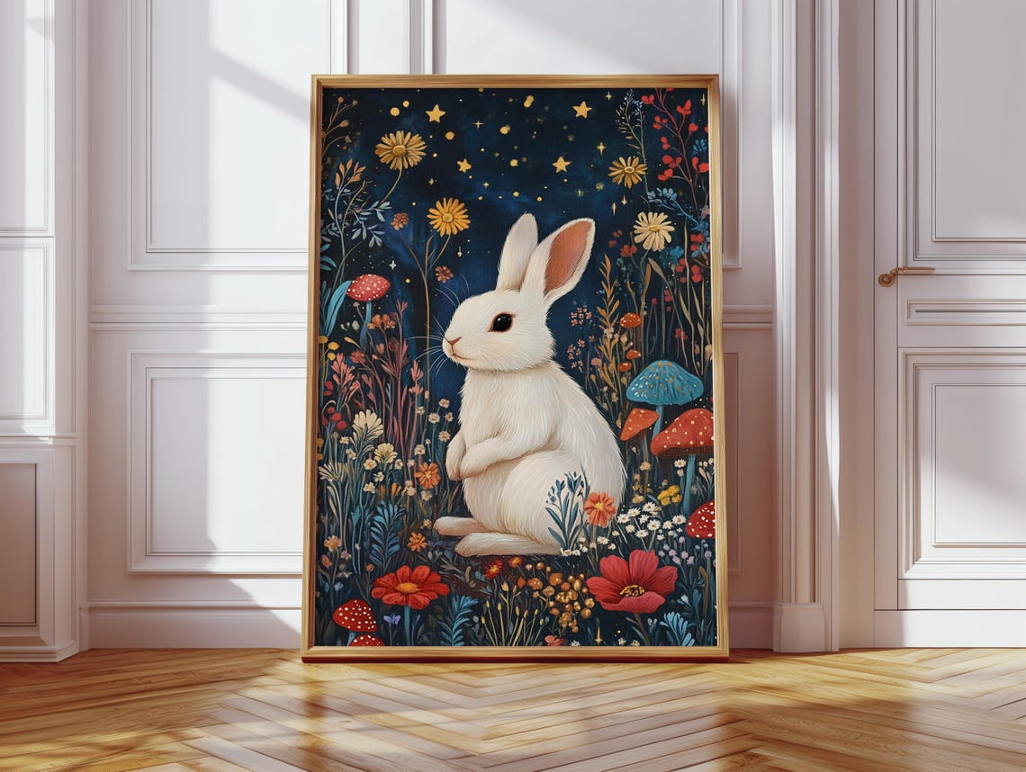 Celestial Bunny Art Print – Whimsical Rabbit Under Stars With Mushrooms ...