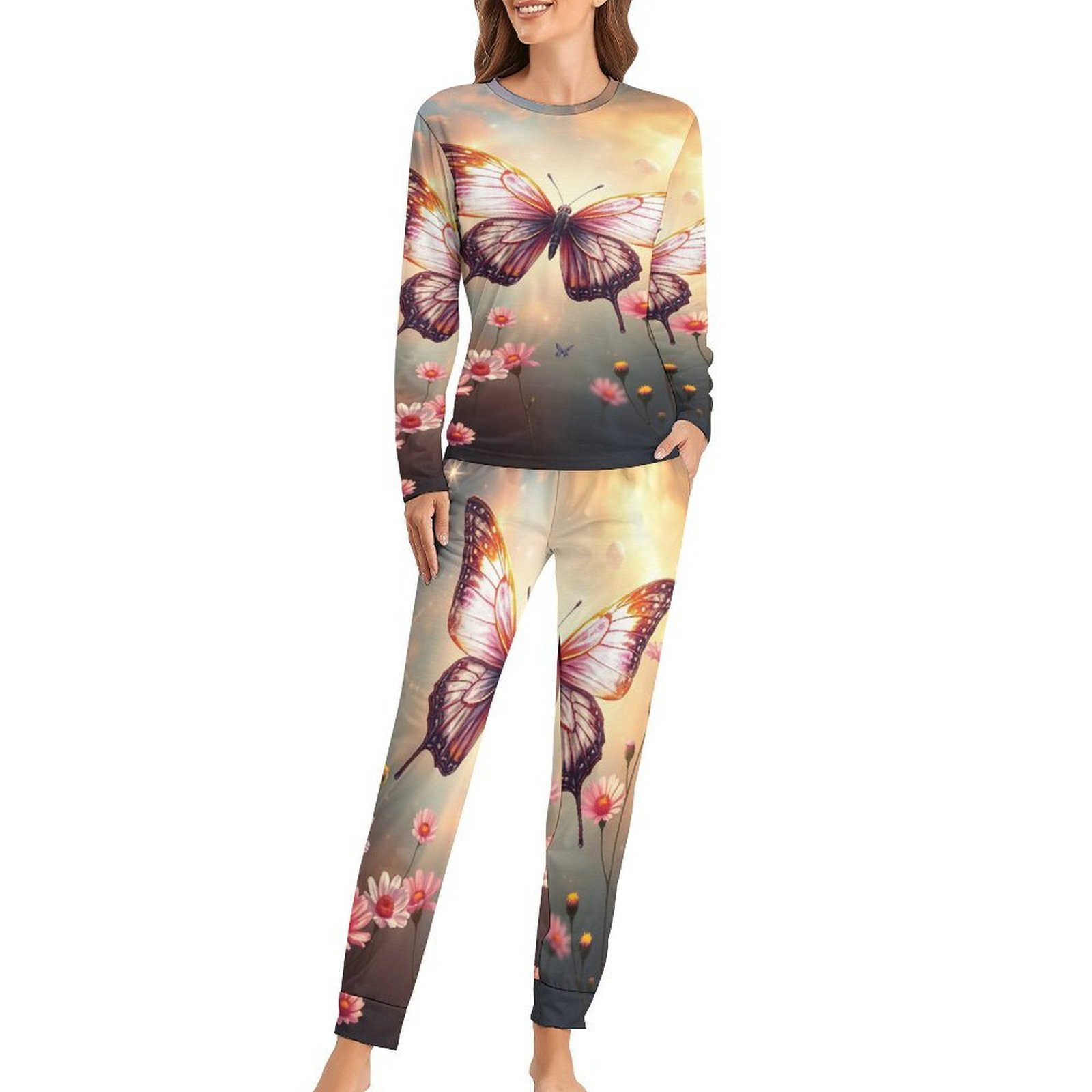 Celestial Butterfly Flowers Pajamas 2 Pieces Pajama Sets Woman Long ...