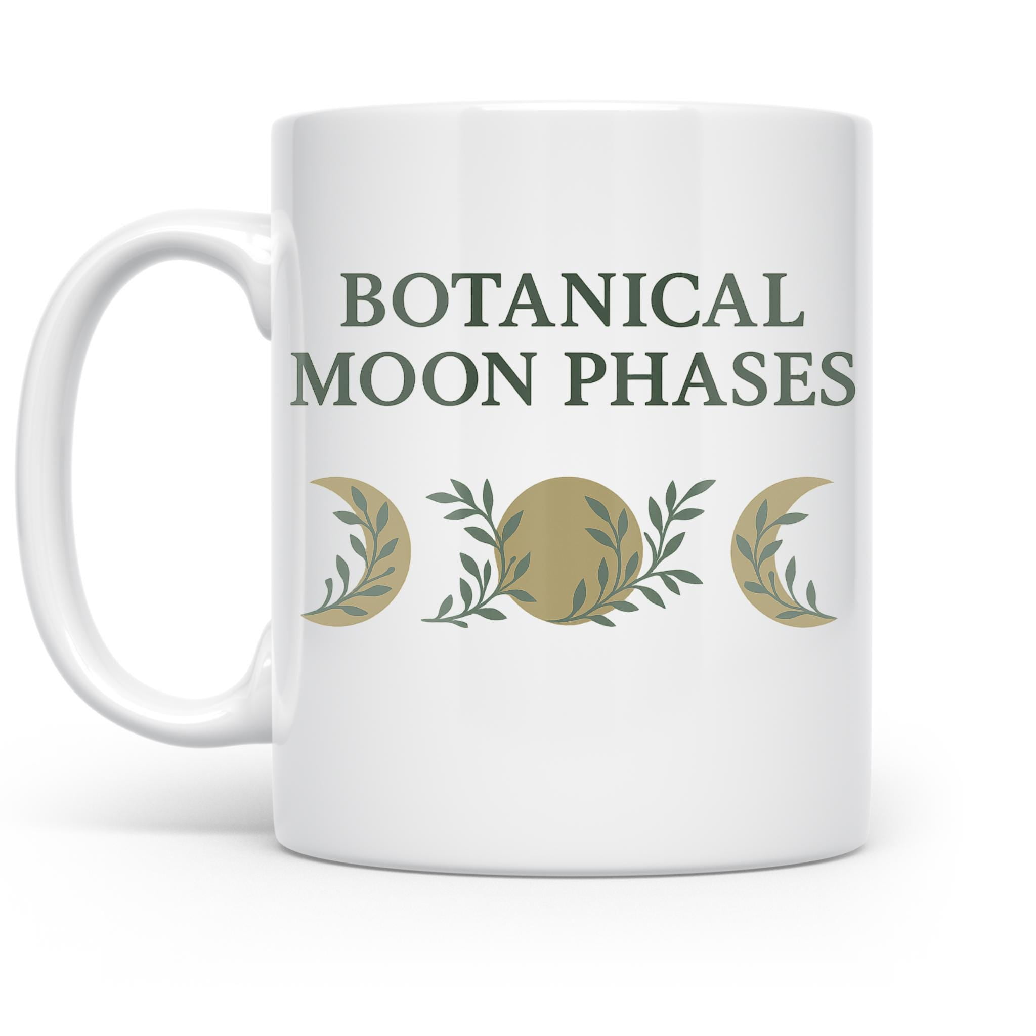 Celestial Calm 11 oz Coffee Mug - Botanical Moon Phases White Ceramic ...