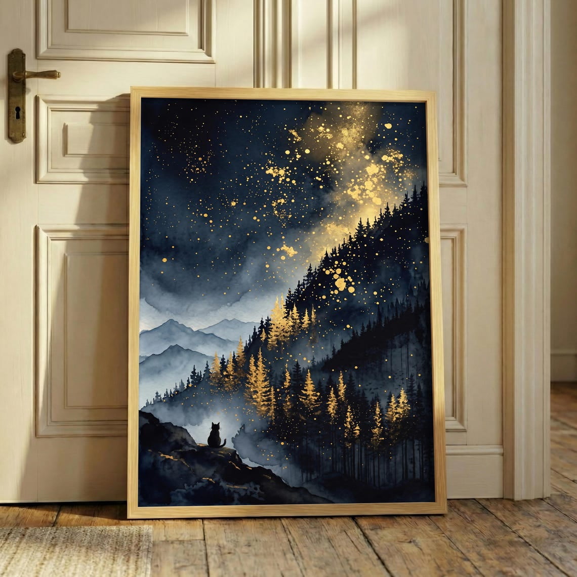 Celestial Cat Art Gold Starry Night Mountain Black Wall Decor Mystical ...