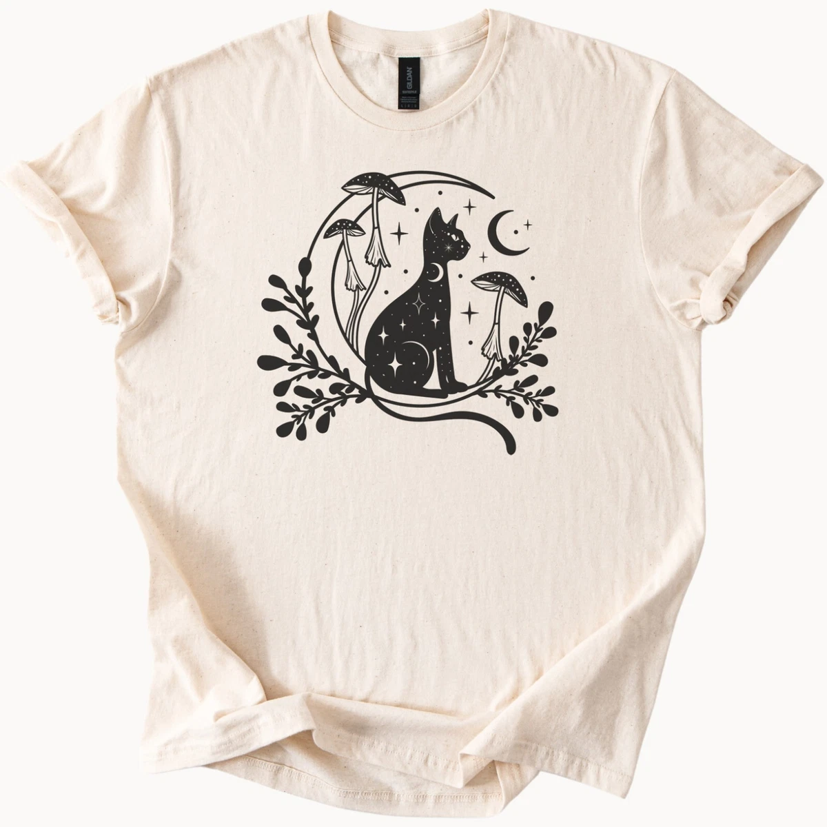 Celestial Cat Graphic With Mushrooms And Moon Boho Witchy Nature Tee ...