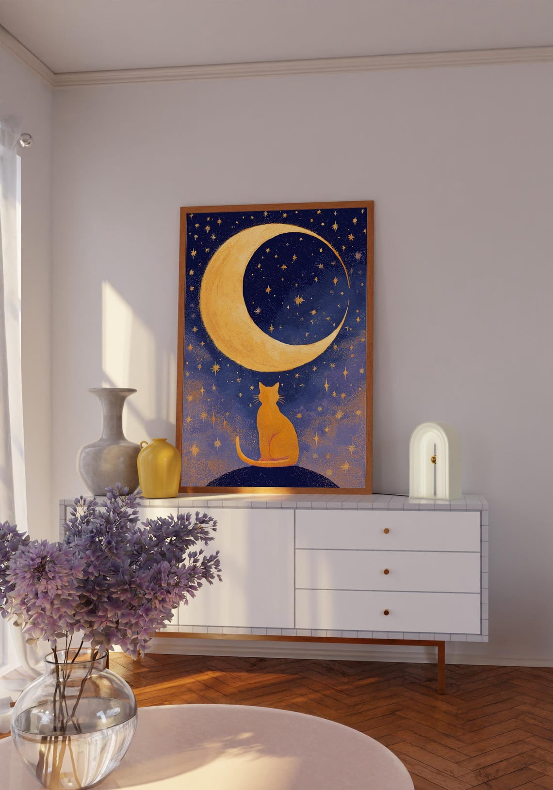Celestial Cat And Moon Wall Art, Cute Starry Night Print, Dreamy ...