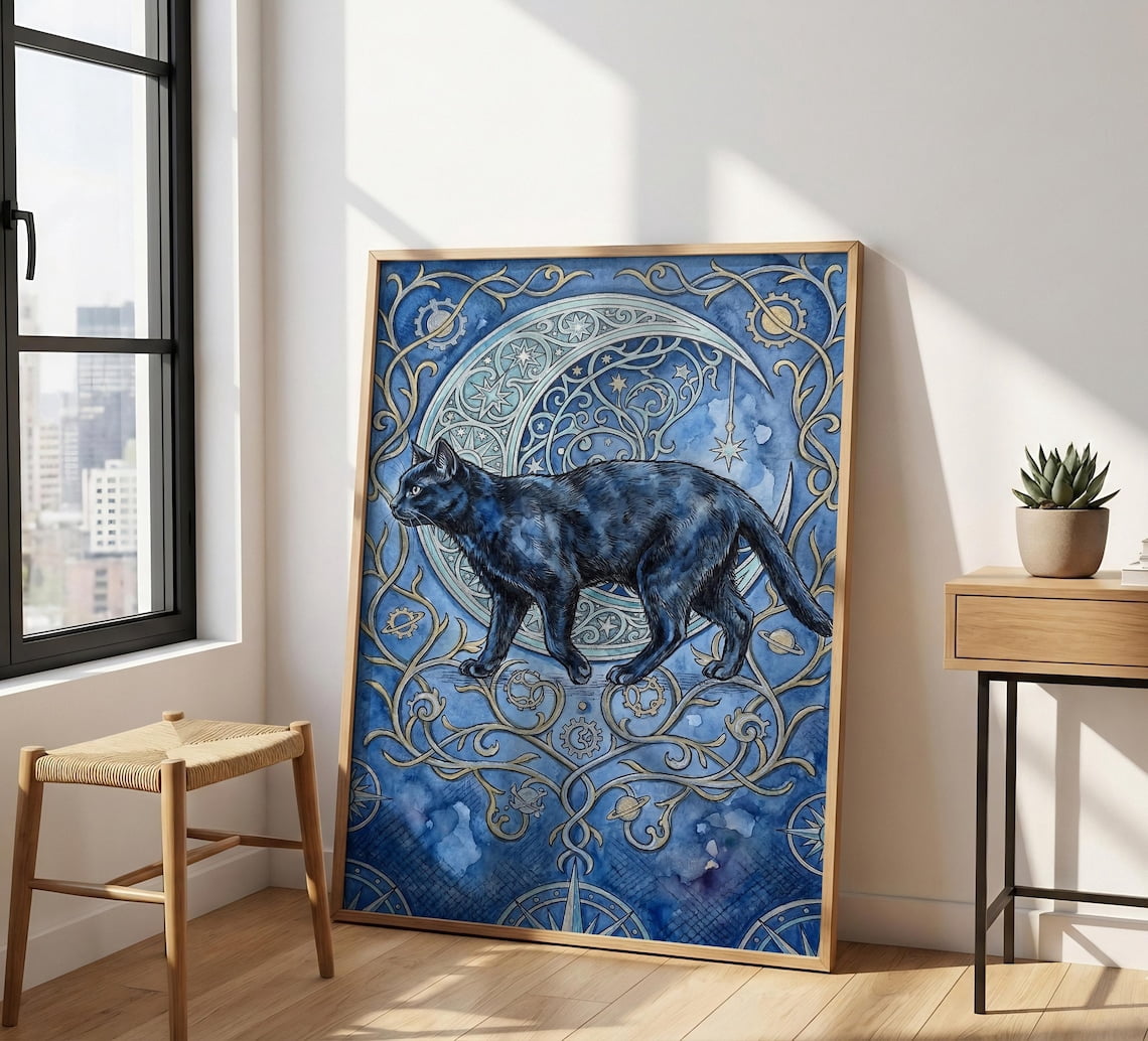 Celestial Cat Mystical Moon Wall Art Witchy Room Decor Black Cat ...