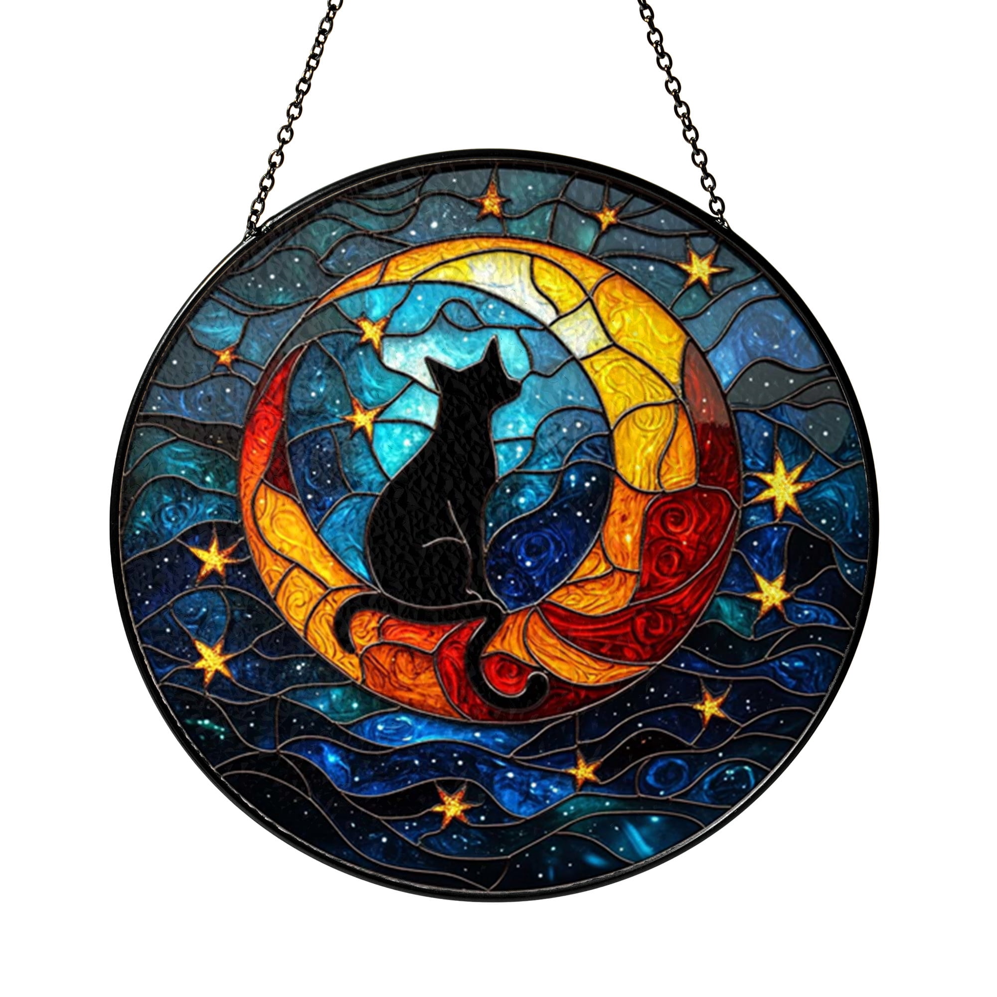 Celestial Cat Scene Stained Glass Style Suncatcher – Window Hanging ...