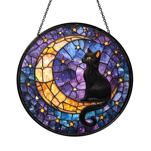 Celestial Cat Stained Glass Style Panel, Decorative Window Hanging with ...