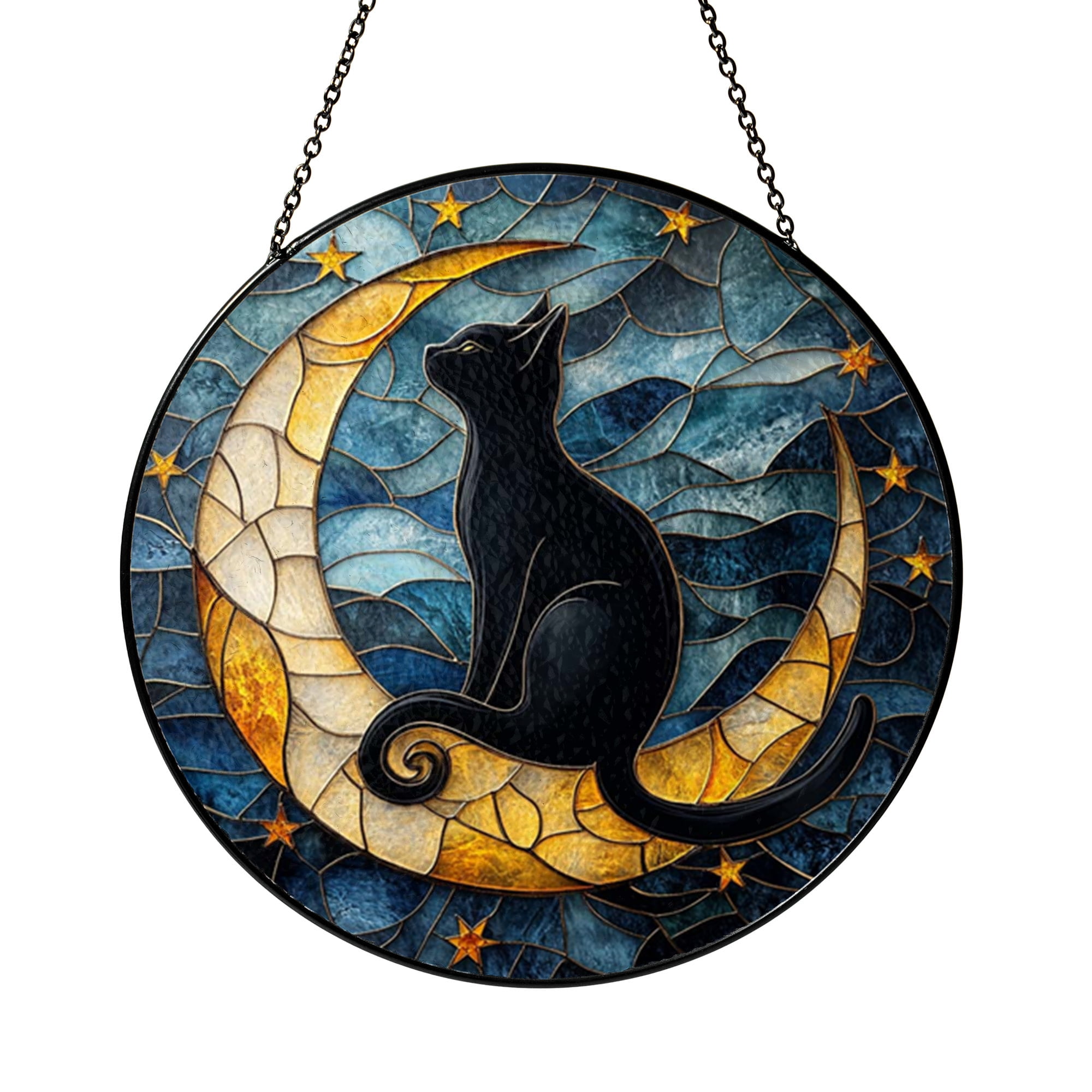 Celestial Cat Stained Glass Suncatcher, Moon Window Hanging Art Panel ...
