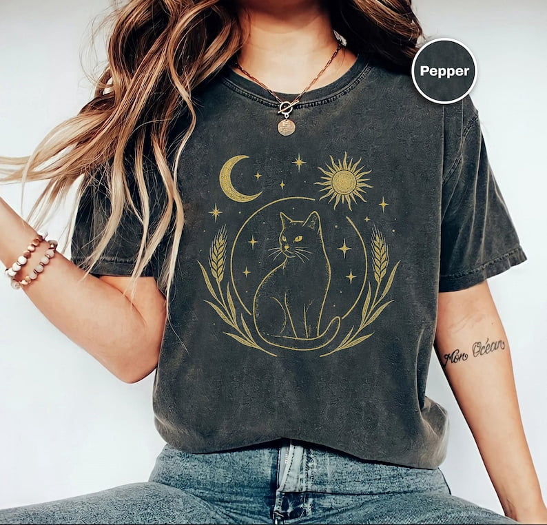 Celestial Cat Sun And Moon Graphic T-Shirt, Mystical Astrology Cosmic ...