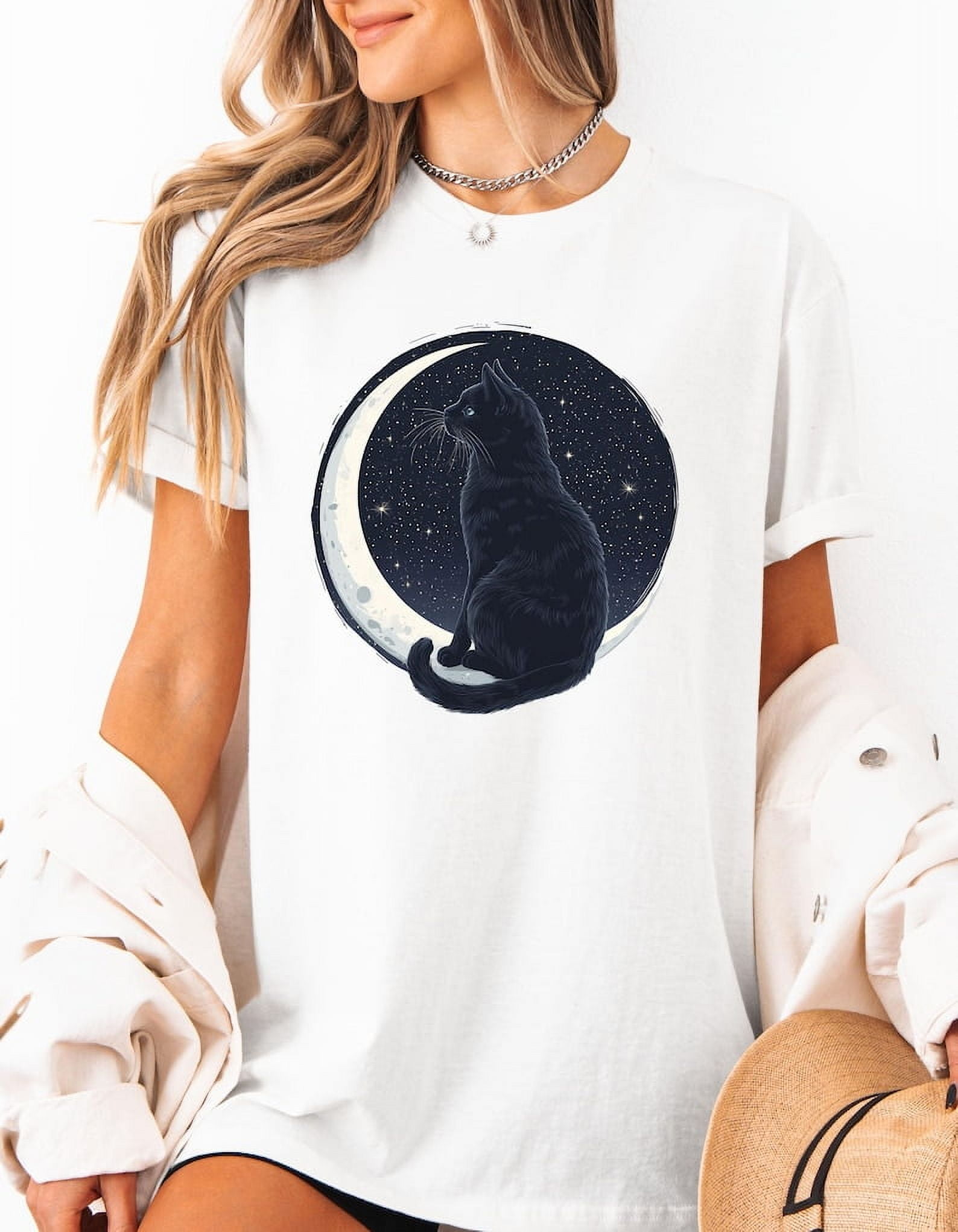 Celestial Cat T Shirt Black Cat on Crescent Moon Tee Witchy Cat Lover Shirt Mystical Astrology ...