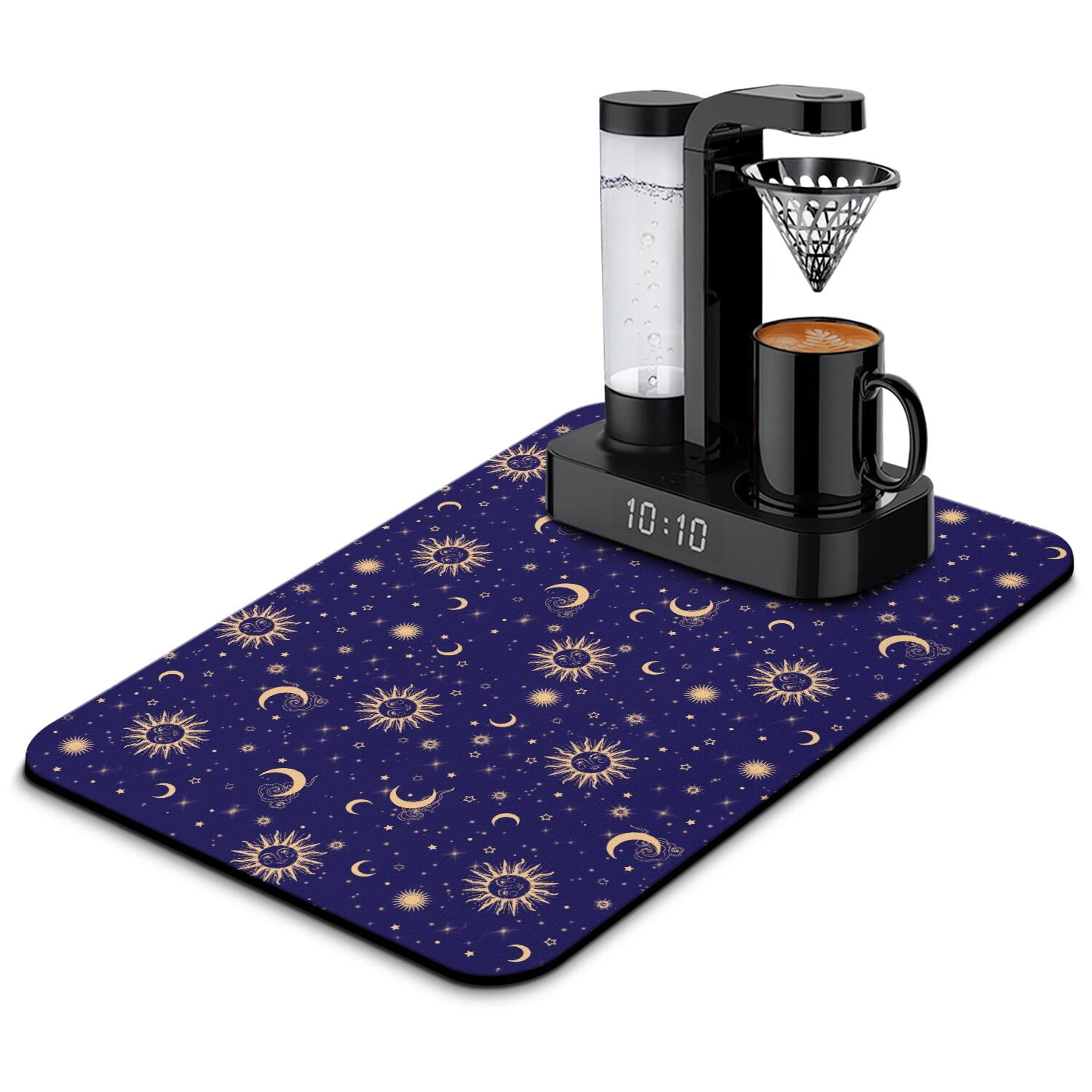 Celestial Coffee Bar Mat - Golden Sun and Crescent Moon Absorbent Coffee Maker Mat - Non-Slip ...
