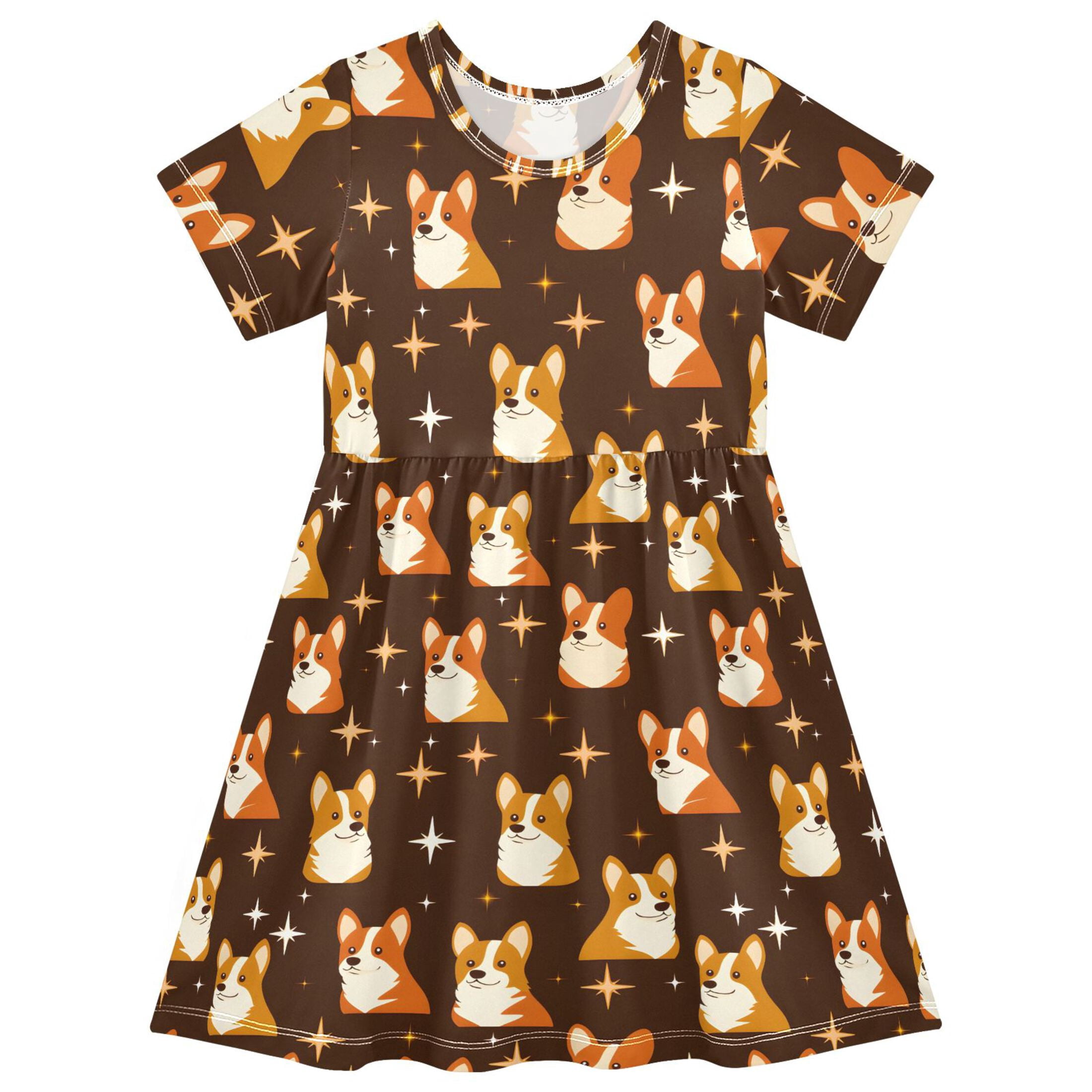 Celestial Corgi Short Sleeve Dress A-Line Cute Midi Casual Sundress 2-8 ...