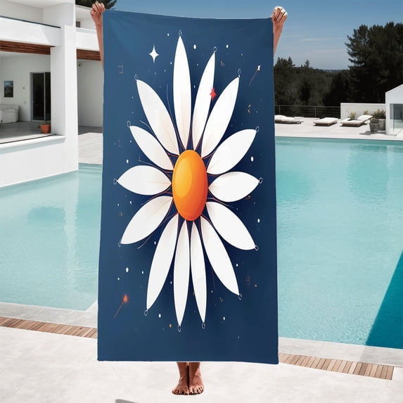 Celestial Daisy Pattern Beach Towel - White Petals & Orange Center Dark ...