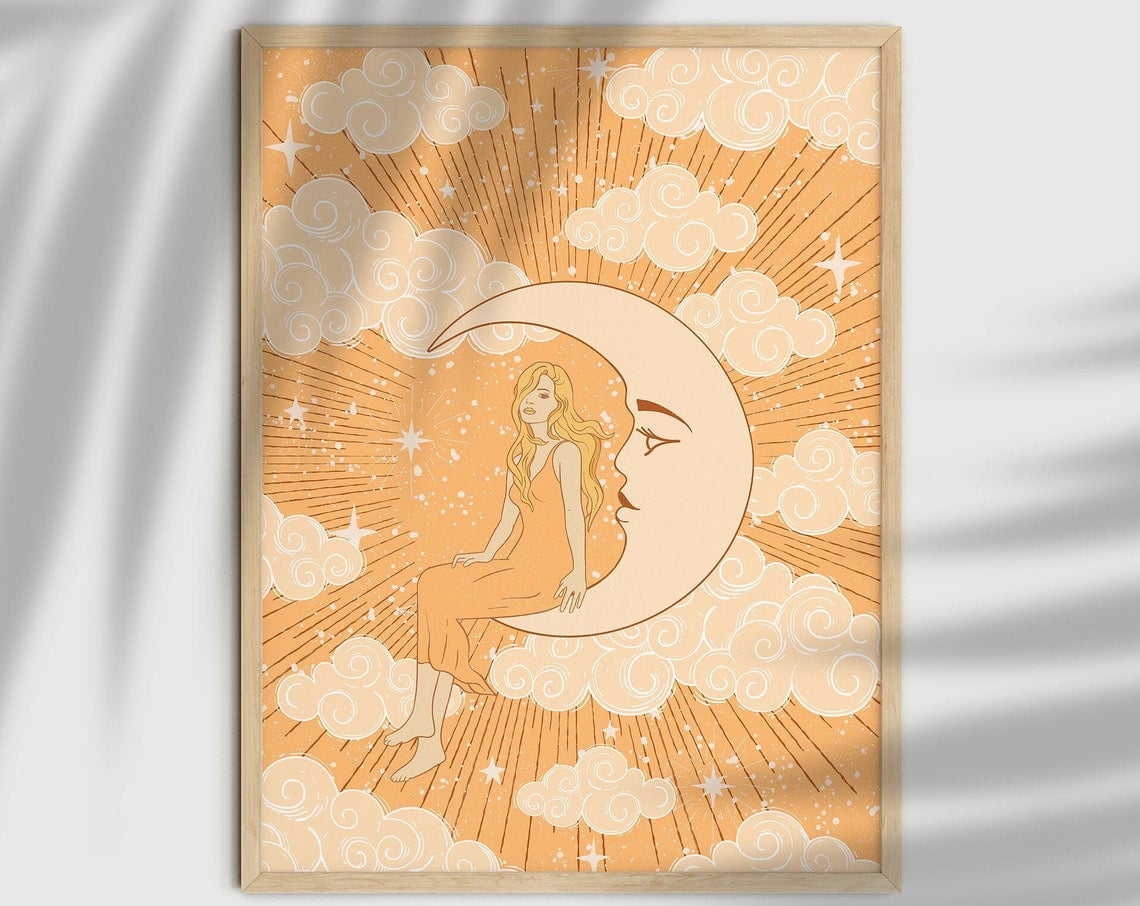 Celestial Decor, Moon Goddess Art, Retro Cute Celestial Print, 70S ...