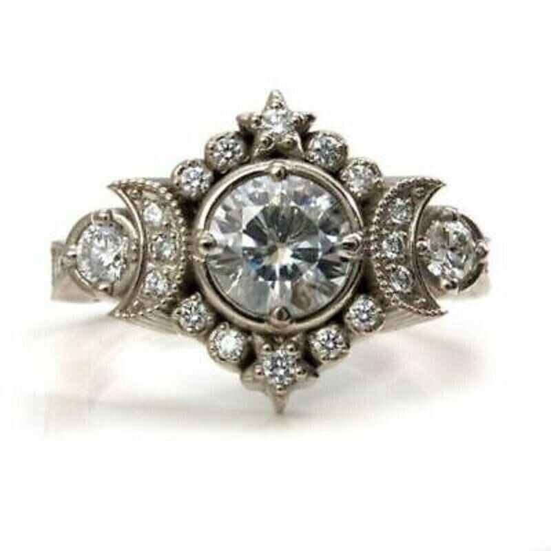 Celestial Diamond Ring, Art Deco Milgrain Diamond Engagement Wedding Ring, Star & Moon Diamond ...