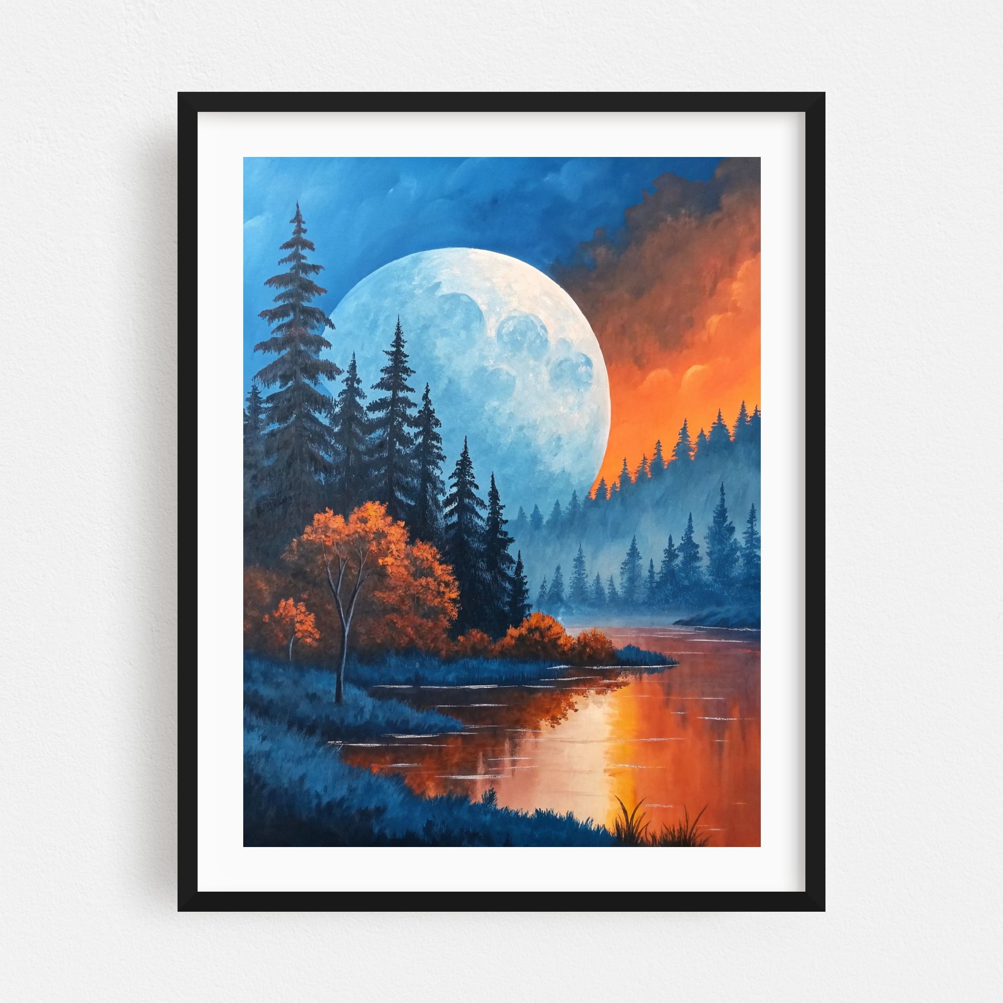 Celestial Divide: A Mystical Blue Moon and Fiery Sky Reflected on a ...