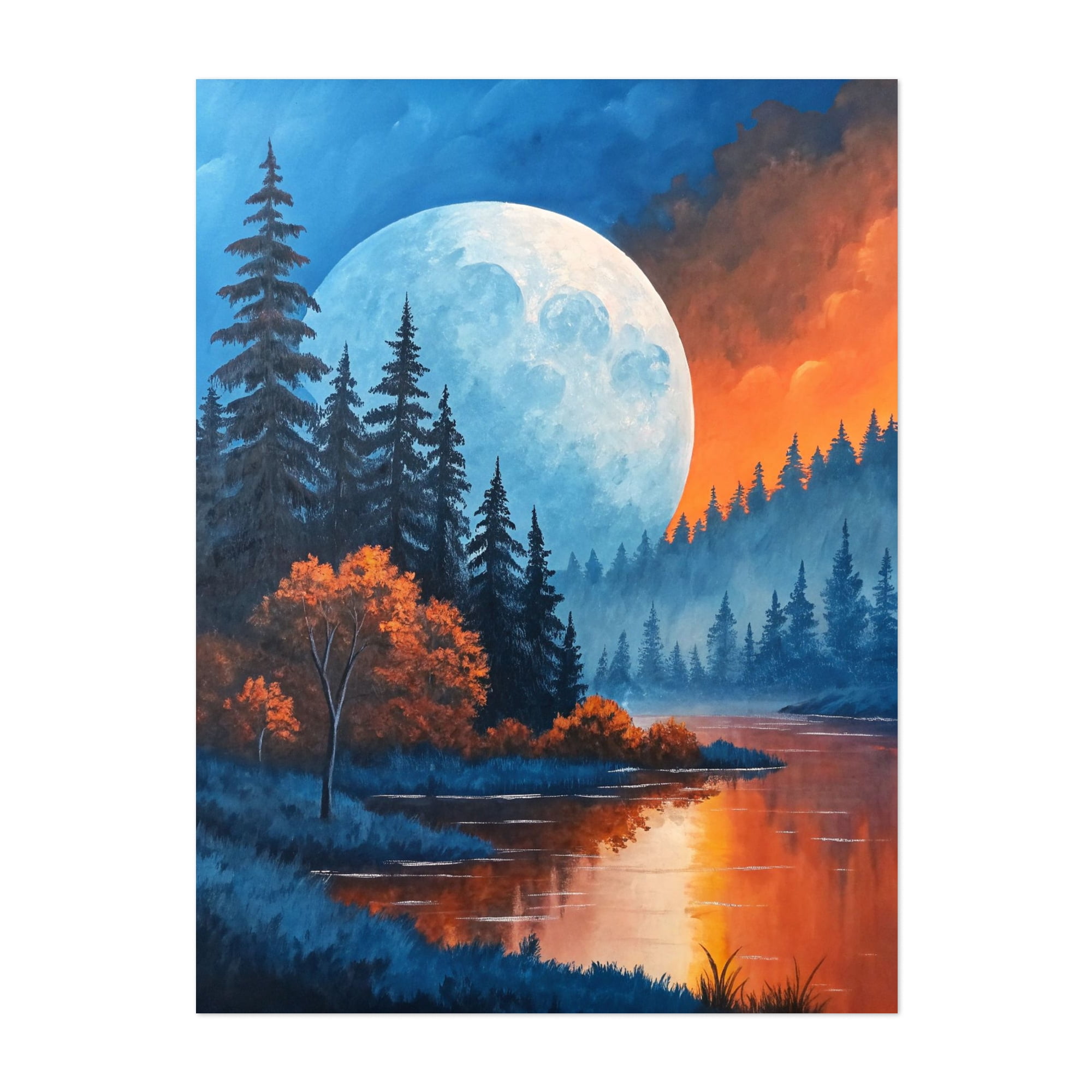 Celestial Divide: A Mystical Blue Moon and Fiery Sky Reflected on a ...