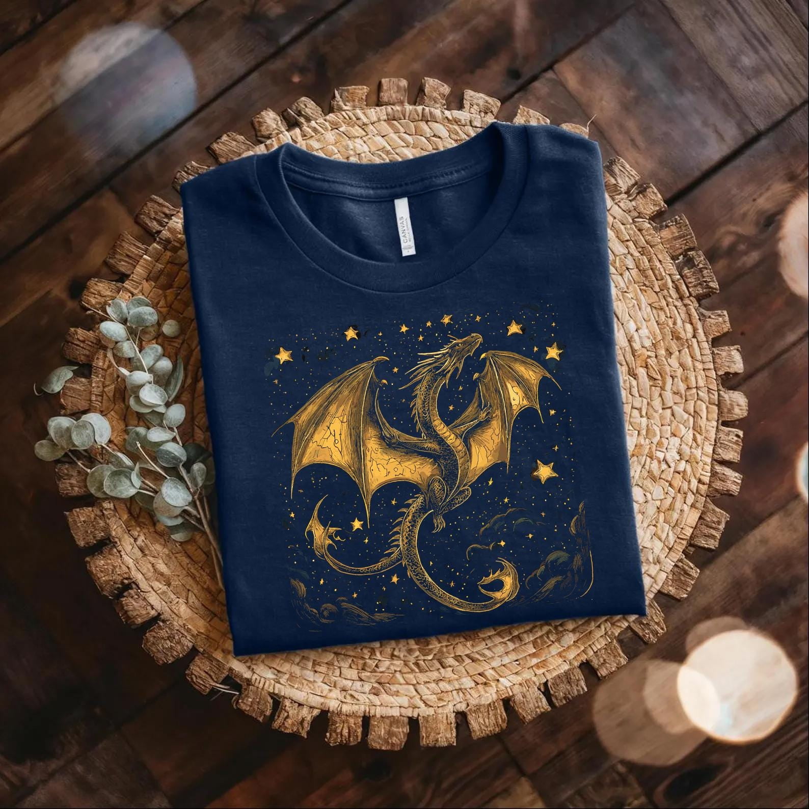 Celestial Dragon Shirt, Gold Fantasy T-Shirt, Mystic Dragon, Moon Star ...