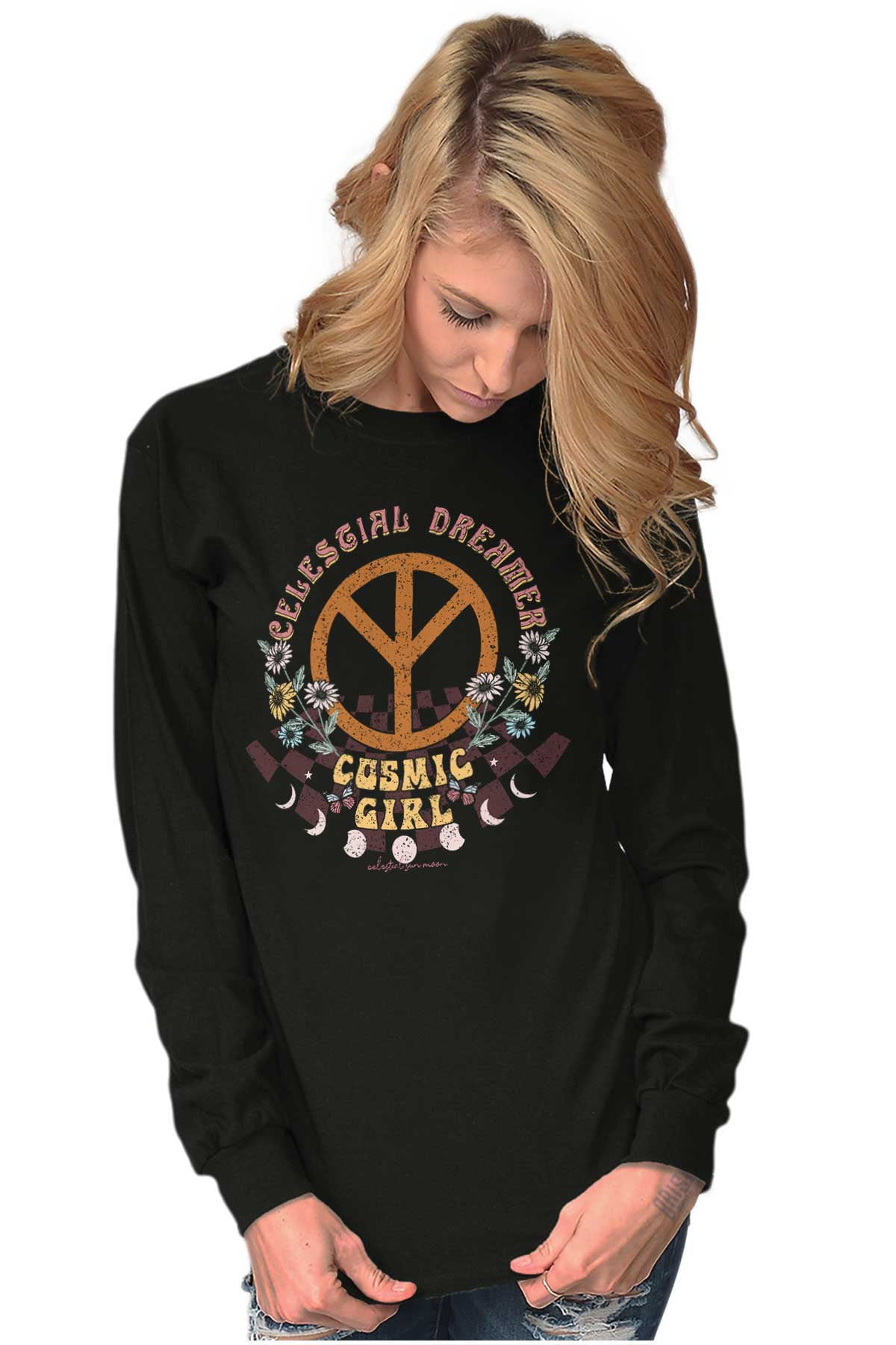 Celestial Dreamer Cosmic Peace Sign Women's Long Sleeve T Shirt Brisco ...