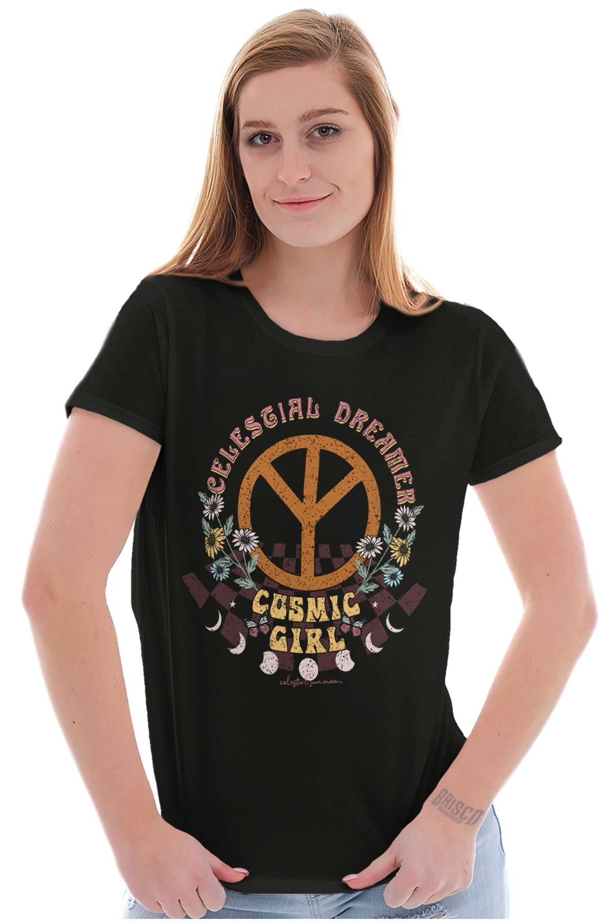 Celestial Dreamer Cosmic Peace Sign Womens Fitted Plus Size Graphic Tee ...