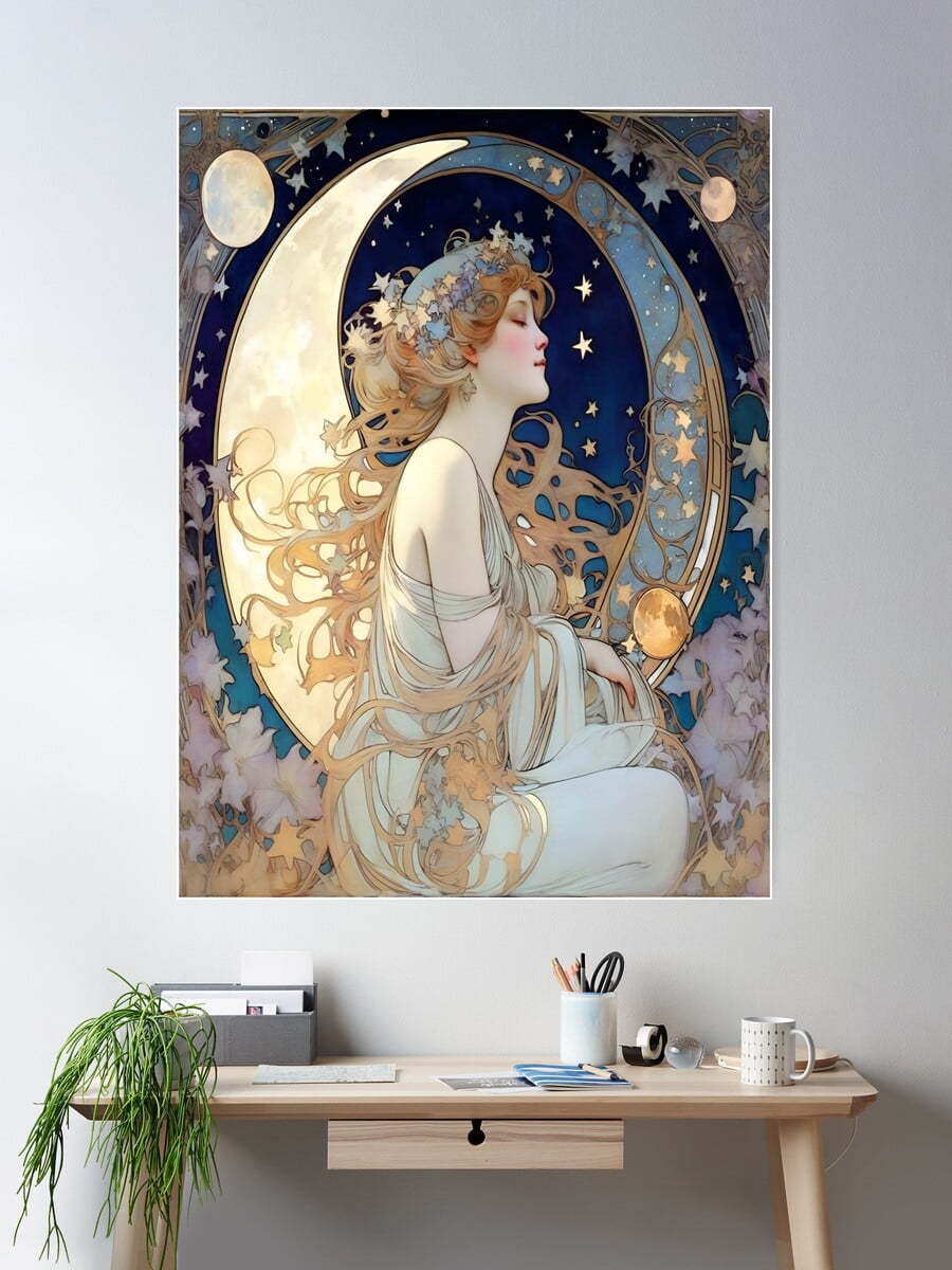 Celestial Dreams Alphonse Mucha Inspired Moon And Stars Poster Wall Art ...
