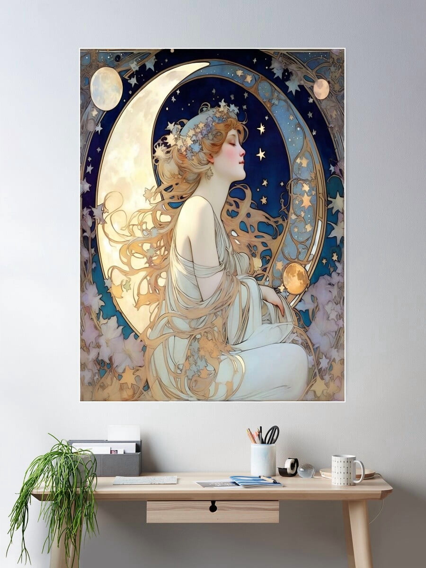 Celestial Dreams Alphonse Mucha Inspired Moon And Stars Poster ...
