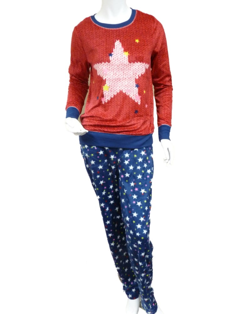 Celestial Dreams Womens Red & Blue Star Print Pajamas Fleece Pajama Set ...