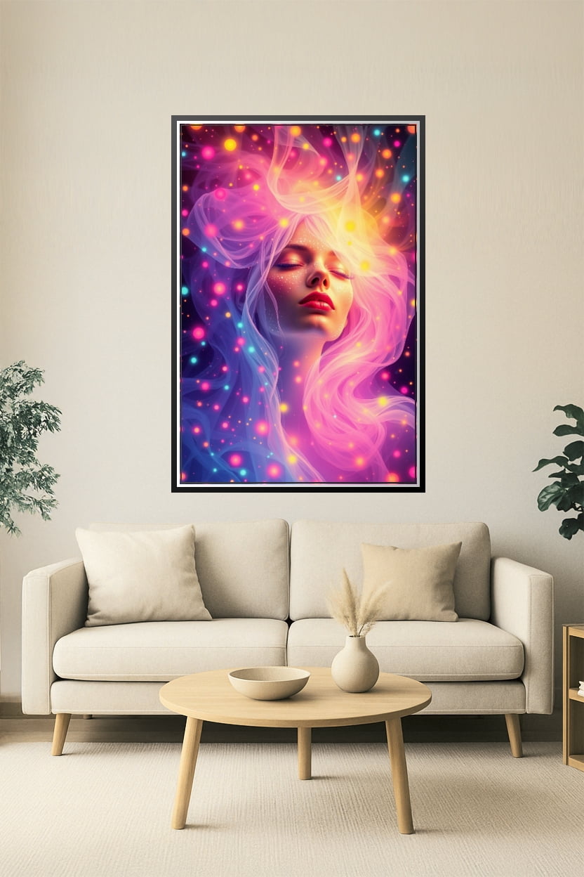 Celestial Dreamscape Poster – Ethereal Woman Surrounded by Glowing ...