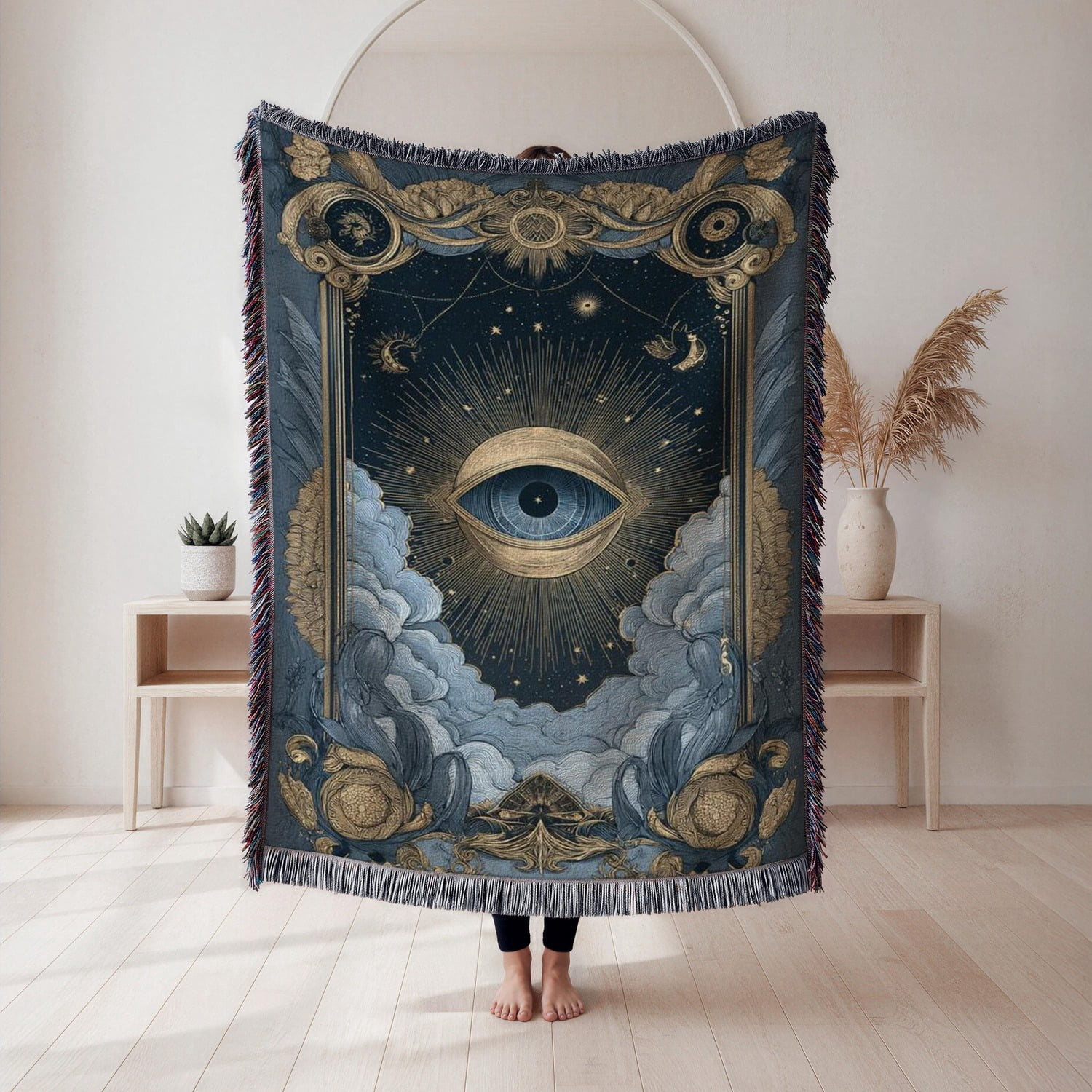 Celestial Eye Navy Blue and Antique Gold Woven Blanket, 100% Cotton ...
